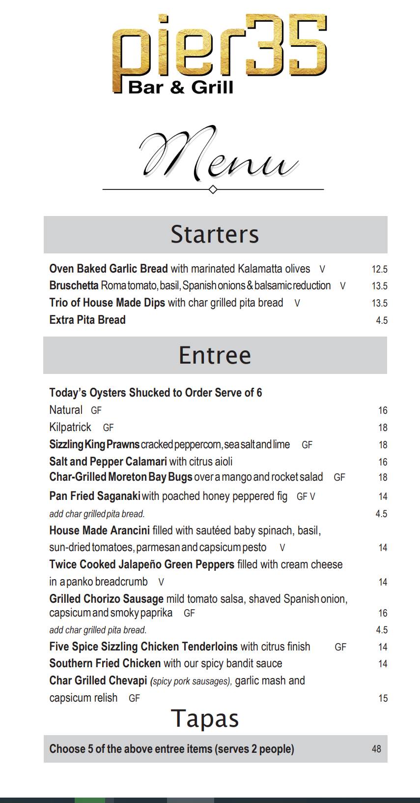 Menu at Pier 35 Bar & Grill, Port Melbourne