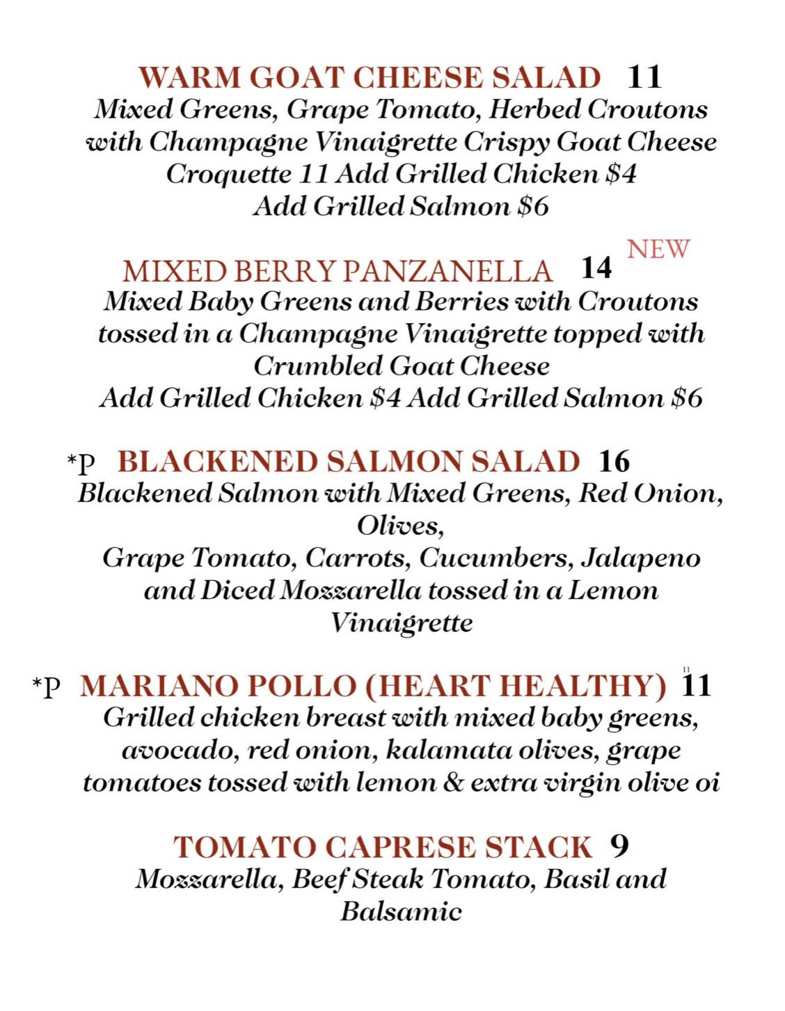 Menu at Pignetti's restaurant, Temple