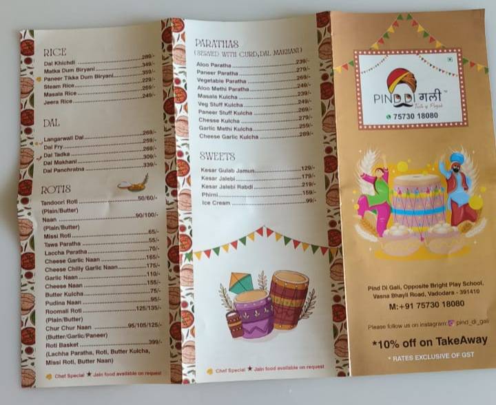 Menu at Pind Di Gali, Vadodara