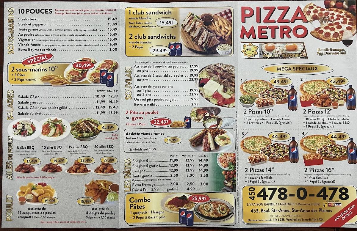 Menu au Pizza Métro restaurant, Sainte-Anne-des-Plaines