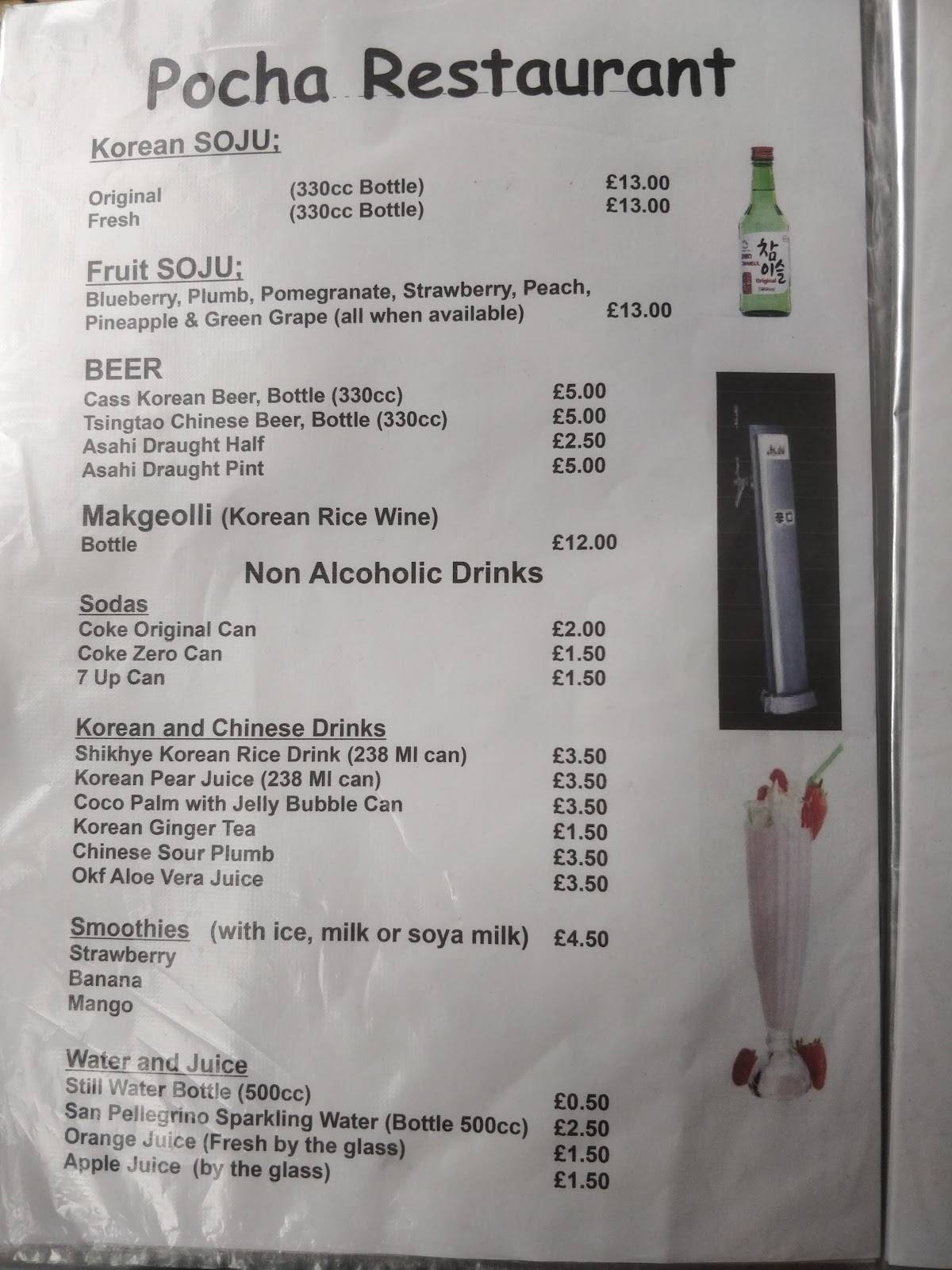 Menu at Pocha Korean Restaurant, Sheffield