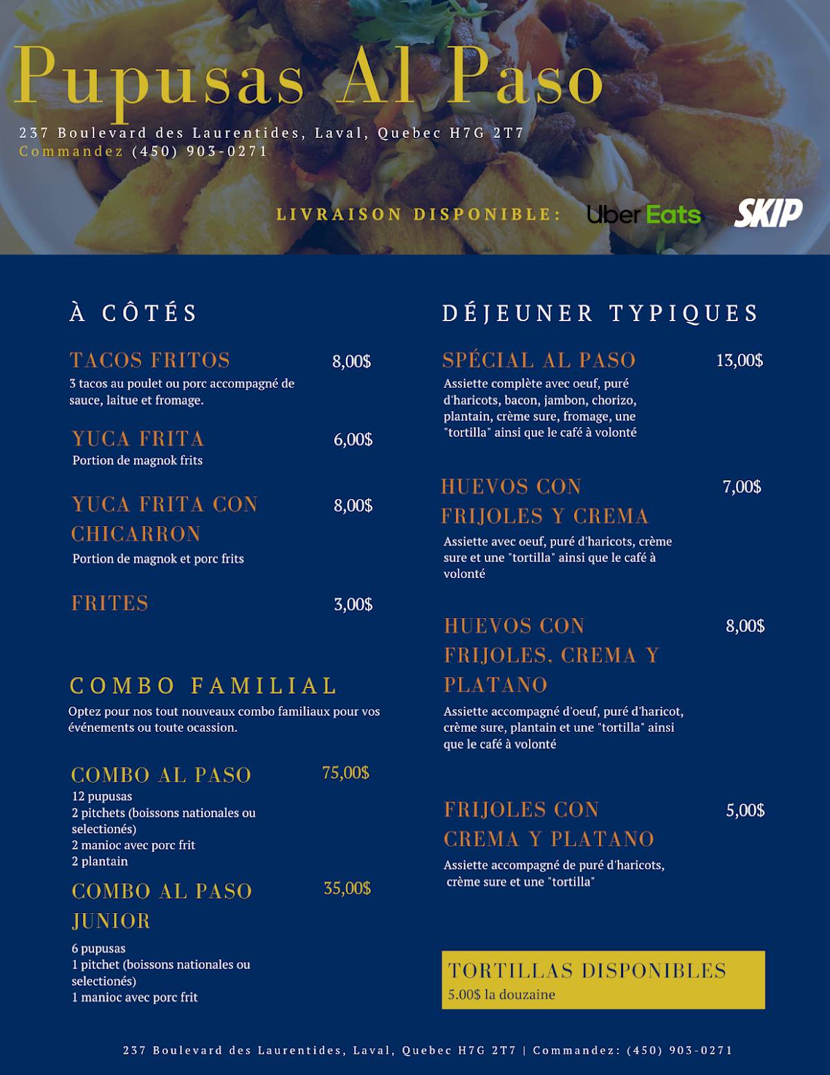Menu at Restaurant Pupusa Al Paso, Laval