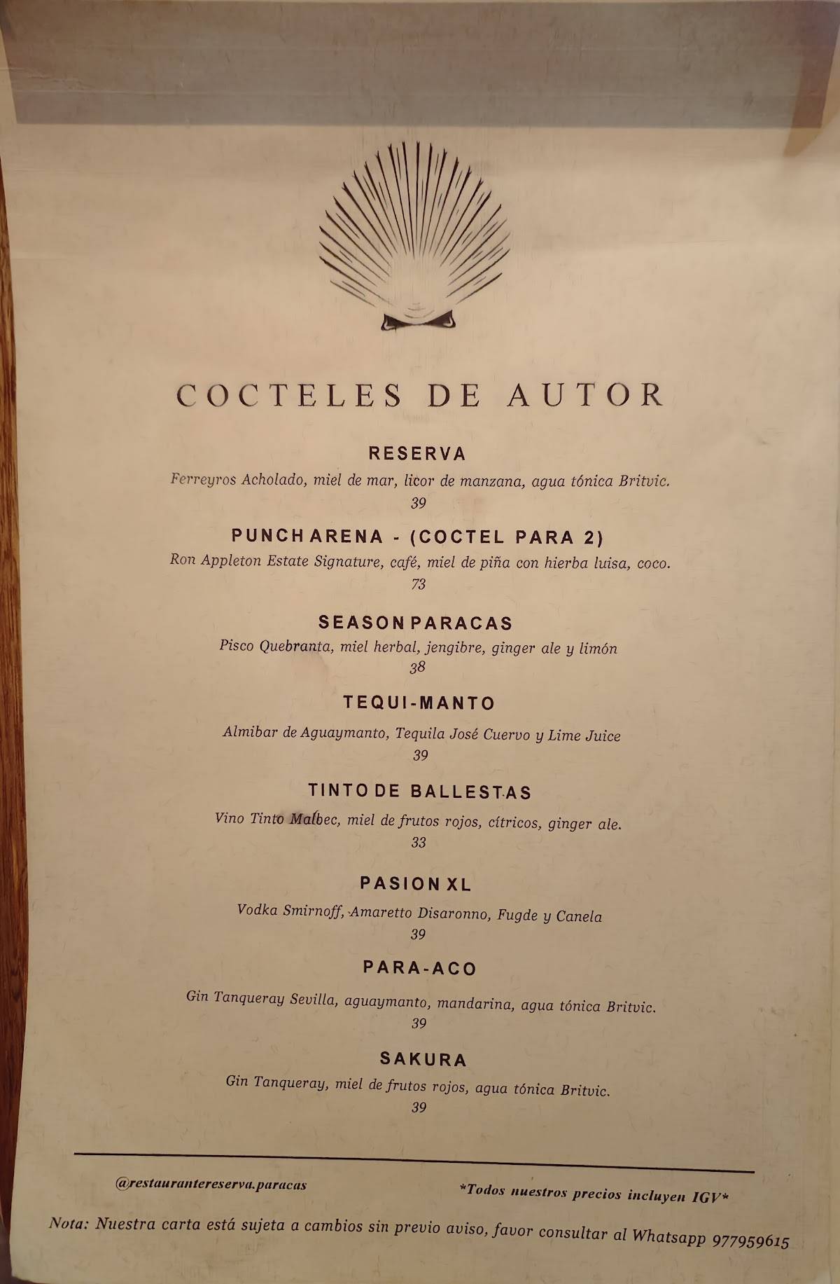Carta de RESERVA Restaurante - Paracas, Paracas