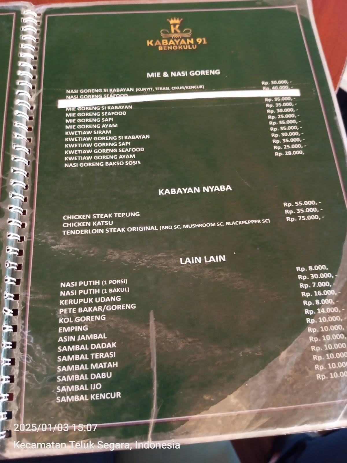 Carta del restaurante RM Lesehan Waroeng Bambu si Kabayan, Bengkulu