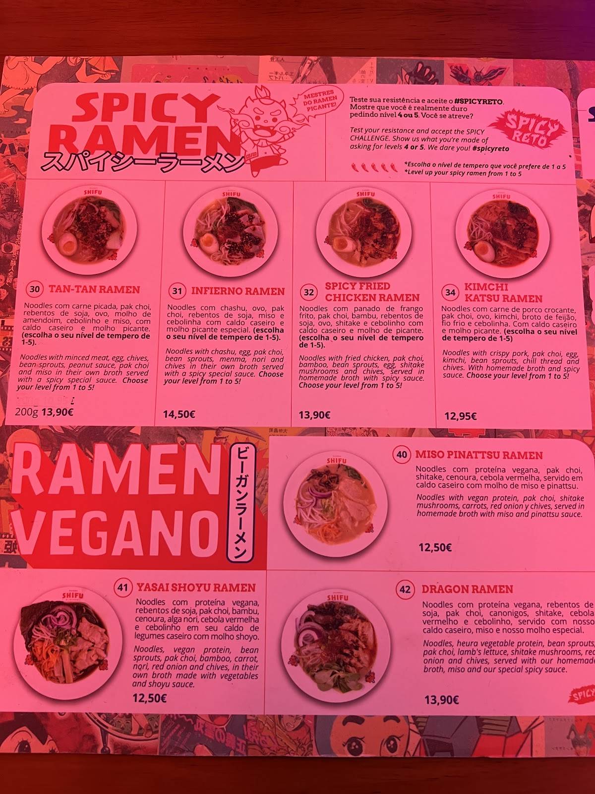 Menu at Ramen Shifu restaurant, Funchal