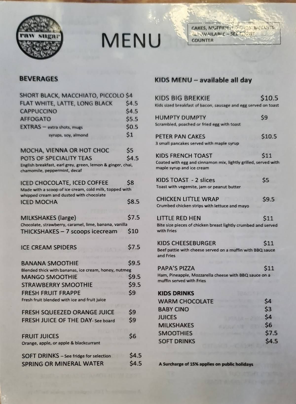 Menu at Raw Sugar Cafe, Taree