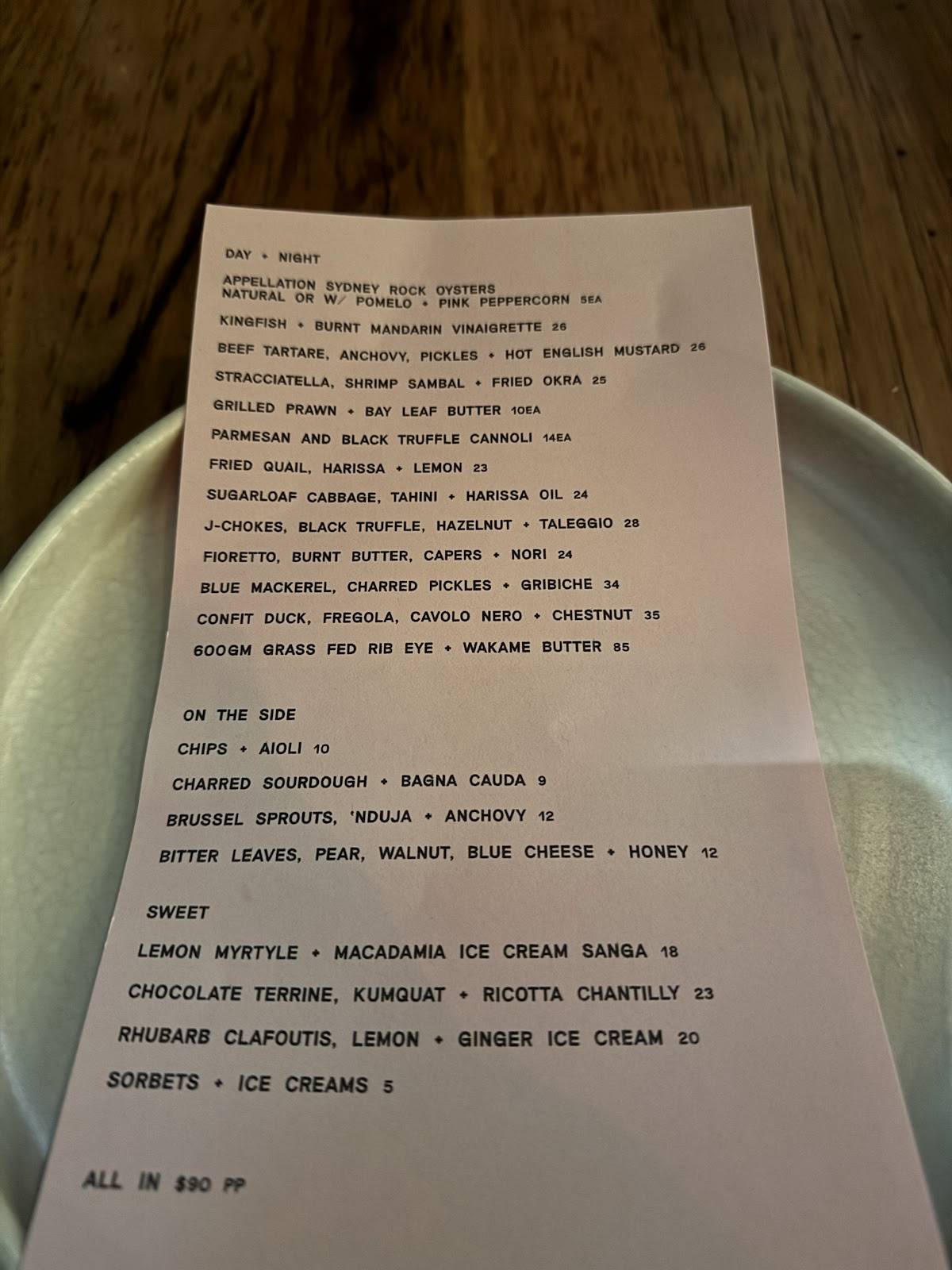 Menu at Rebel Rebel restaurant, Canberra
