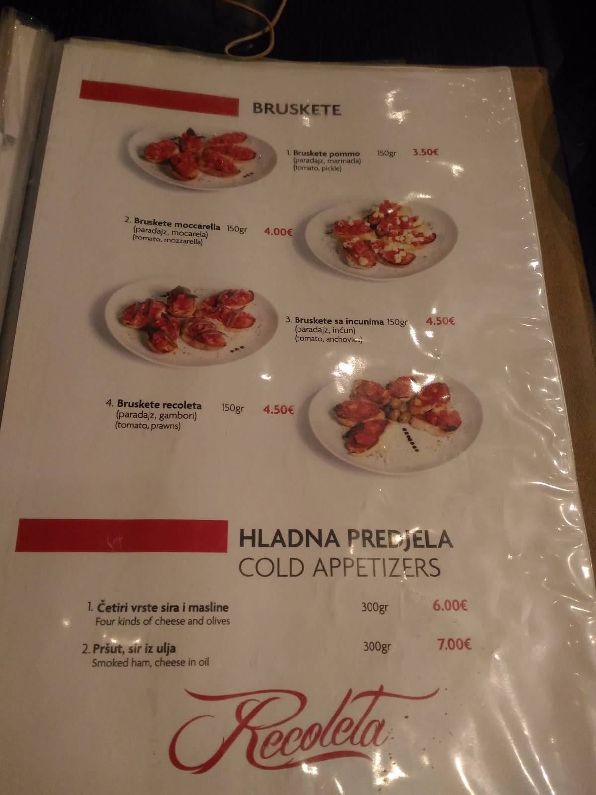 Menu at Recoleta restaurant, Tivat