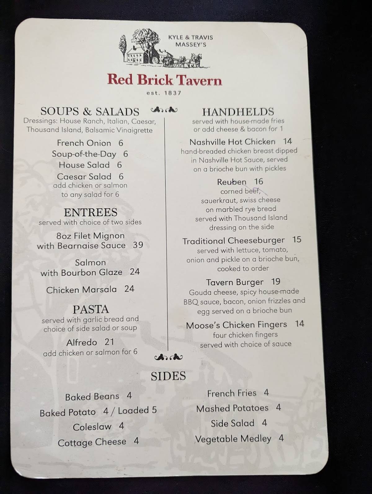Menu at Red Brick Tavern restaurant, London, Cumberland St