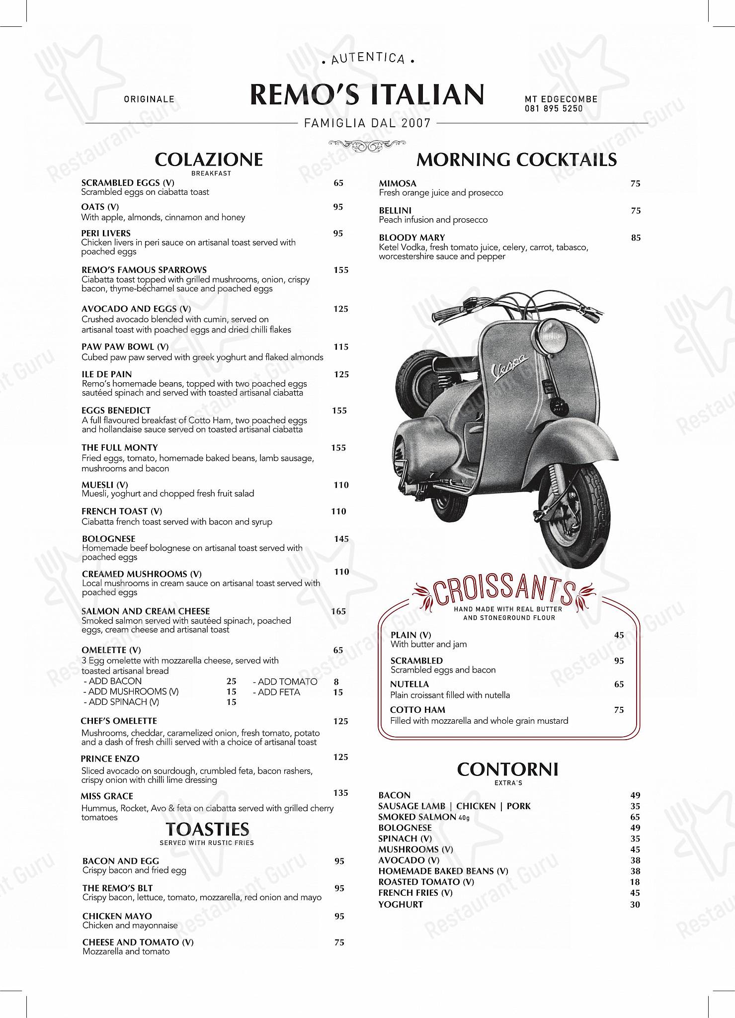 Menu at Remo's Fratelli Restaurant, Durban North