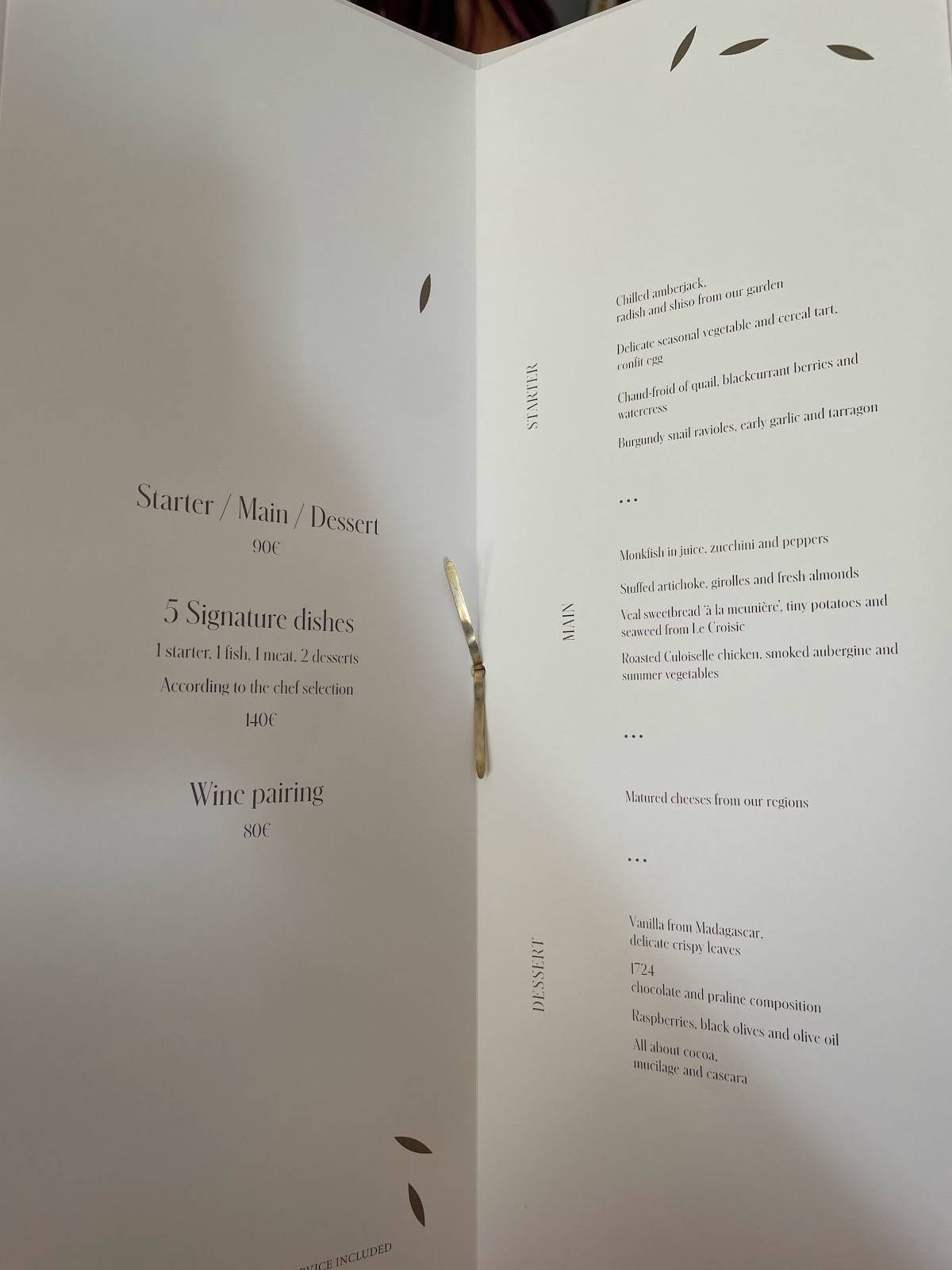 Menu au Restaurant Alain Ducasse - Le Grand Contrôle, Versailles