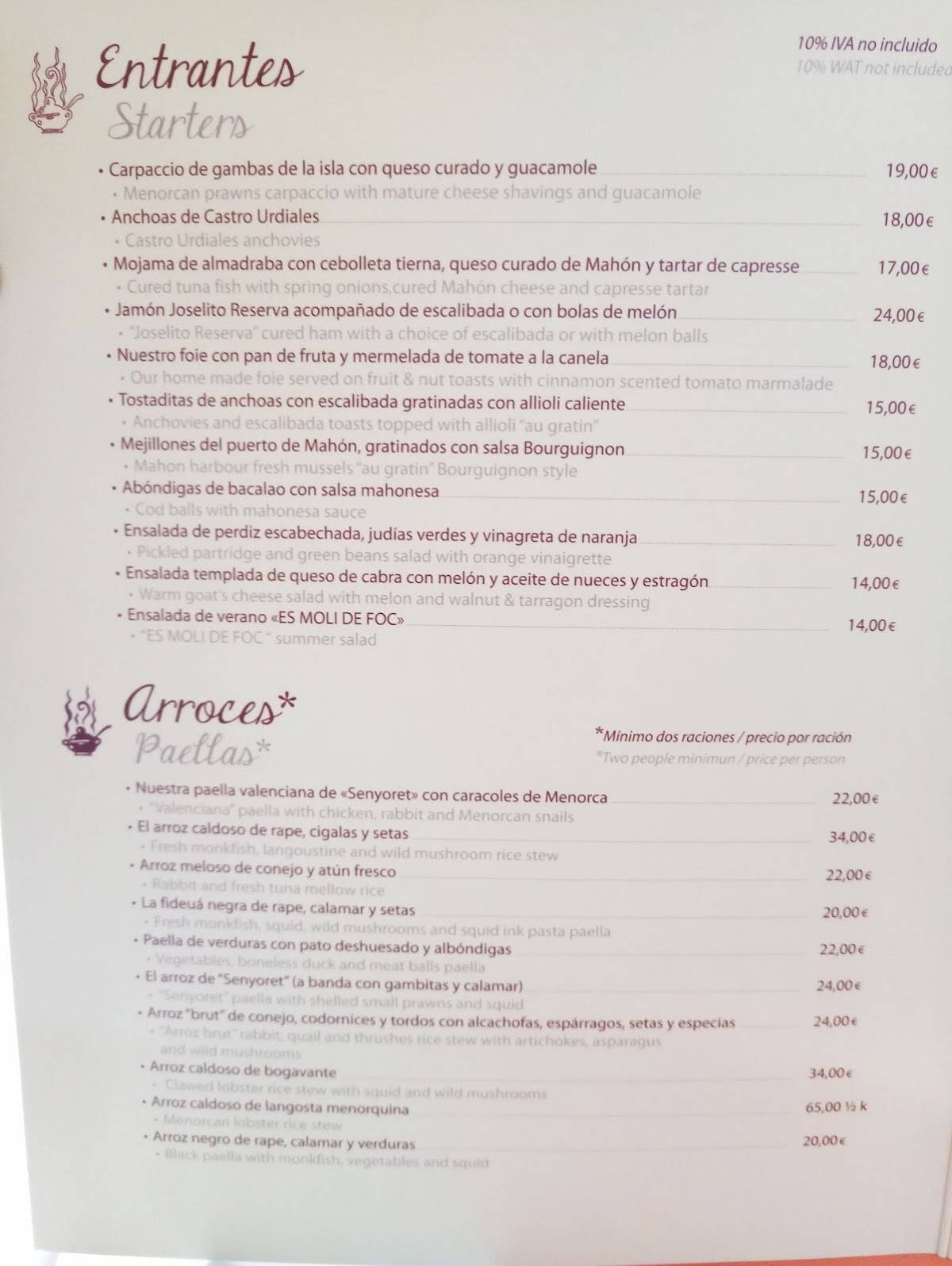 Carta de Restaurant Es Molí de Foc, San Clemente