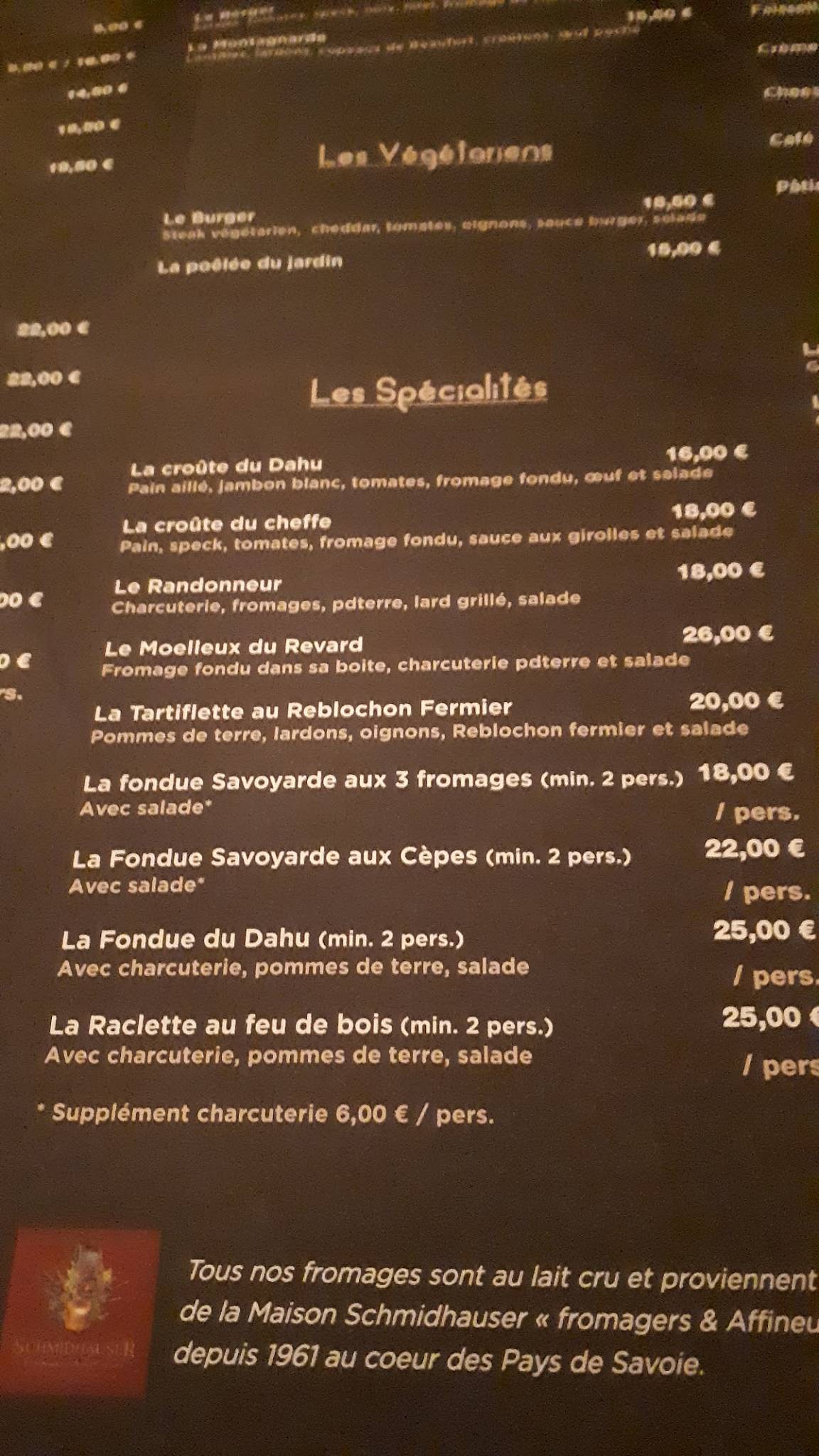 Menu au Le Bistrot du Dahu restaurant, Chamonix-Mont-Blanc