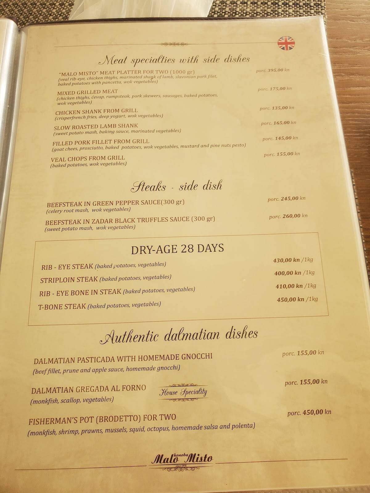 Carta de Restaurant Malo Misto, Zadar
