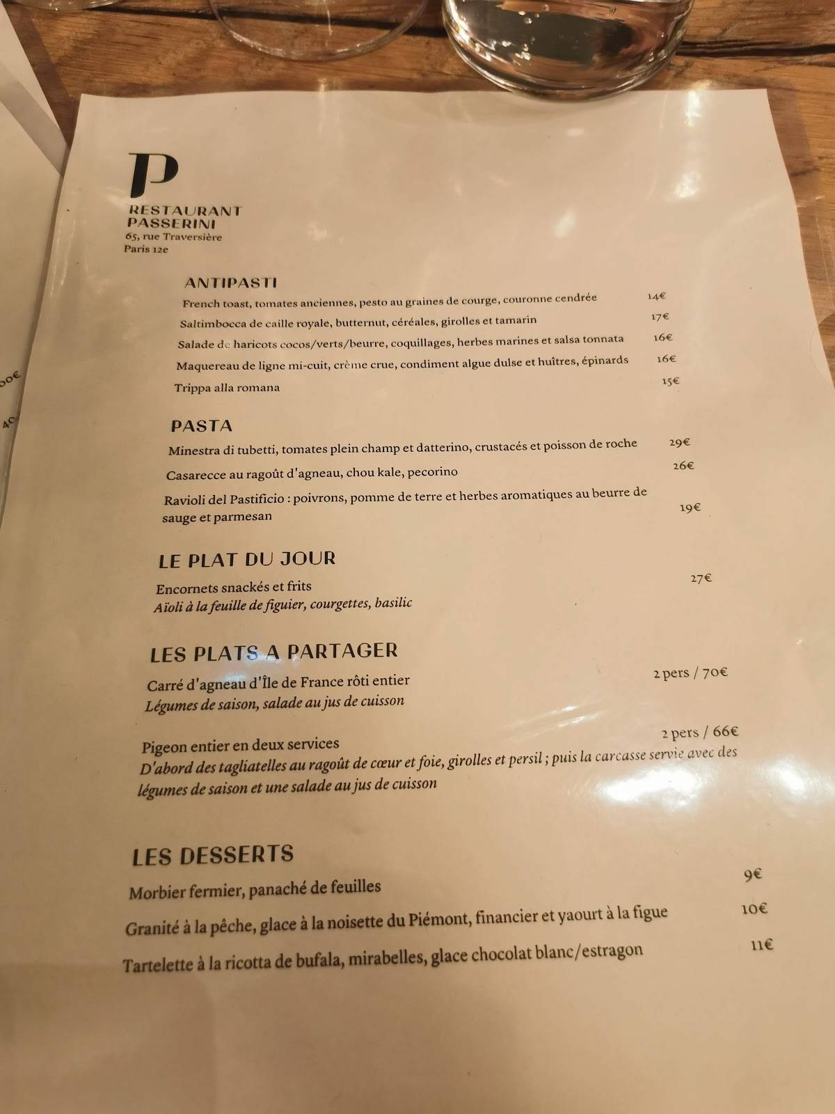 Menu au Restaurant Passerini, Paris, 65