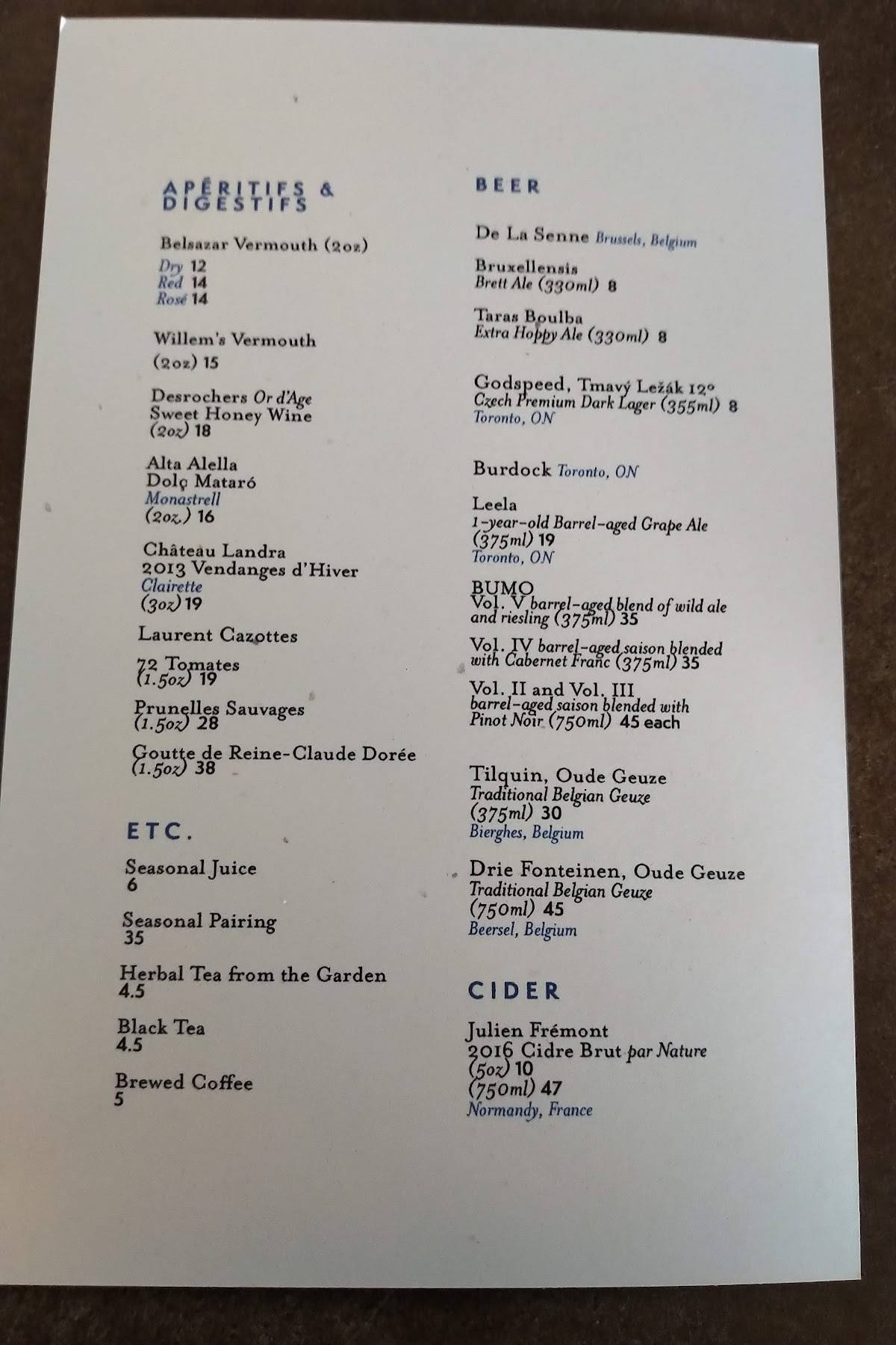 Menu at Restaurant Pearl Morissette, Lincoln