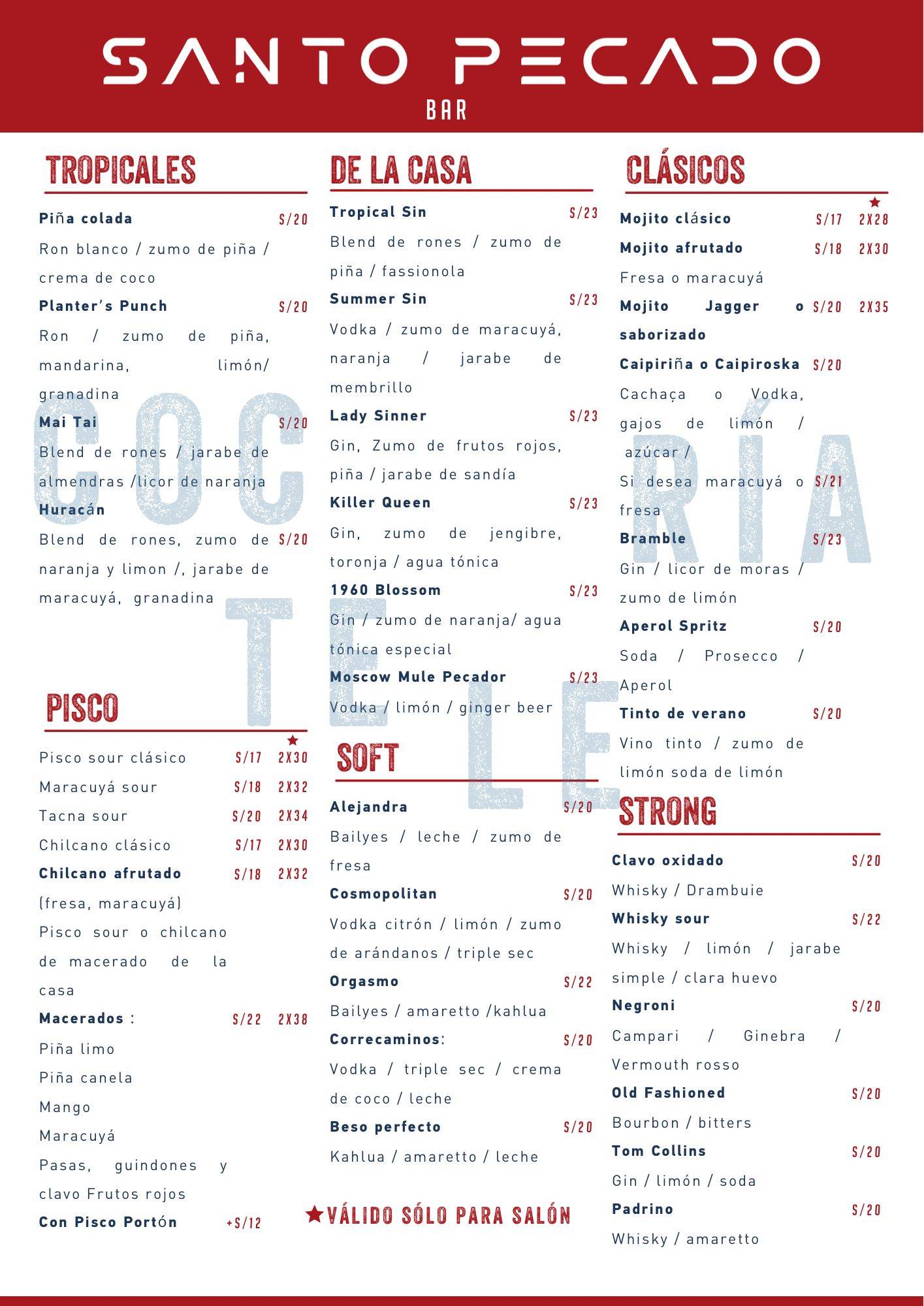 Carta de Santo Pecado Restaurante, Tacna
