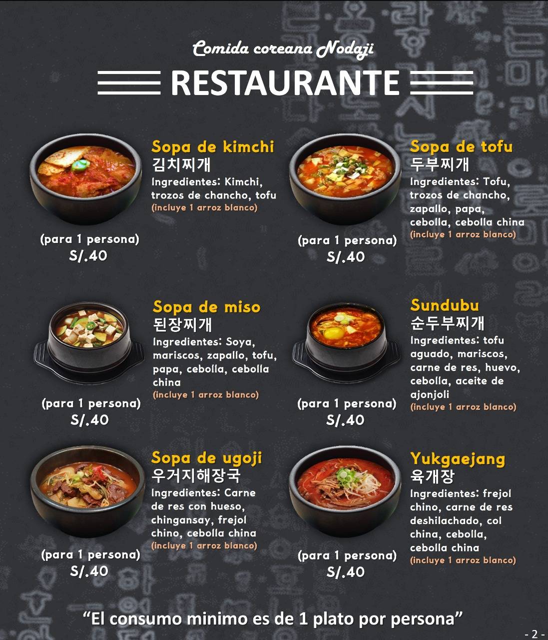 Carta de Restaurante Comida Coreana NODAJI, San Borja, Av. Aviación 3257