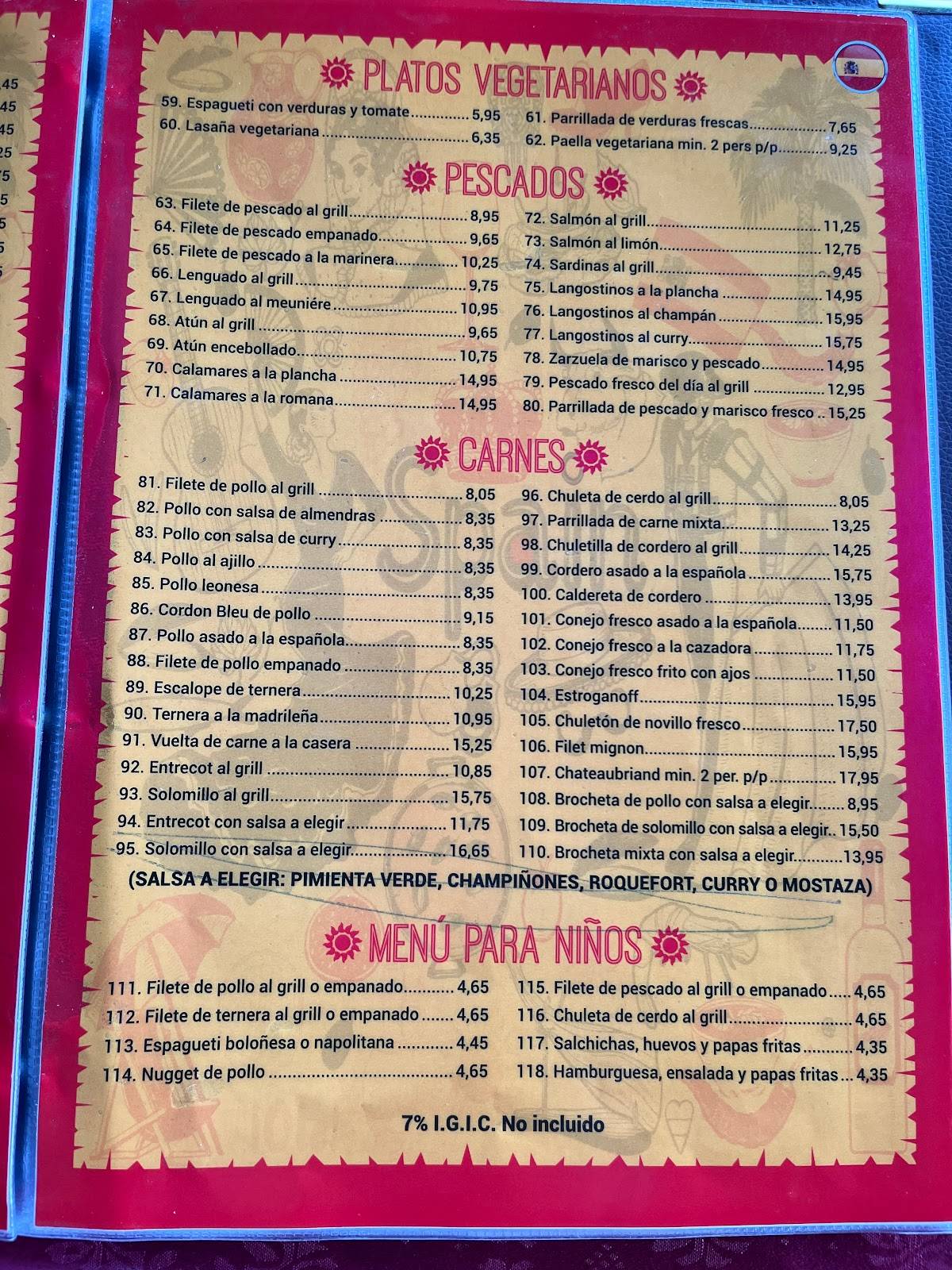 Menu at Restaurante Típico Español, Playa Blanca