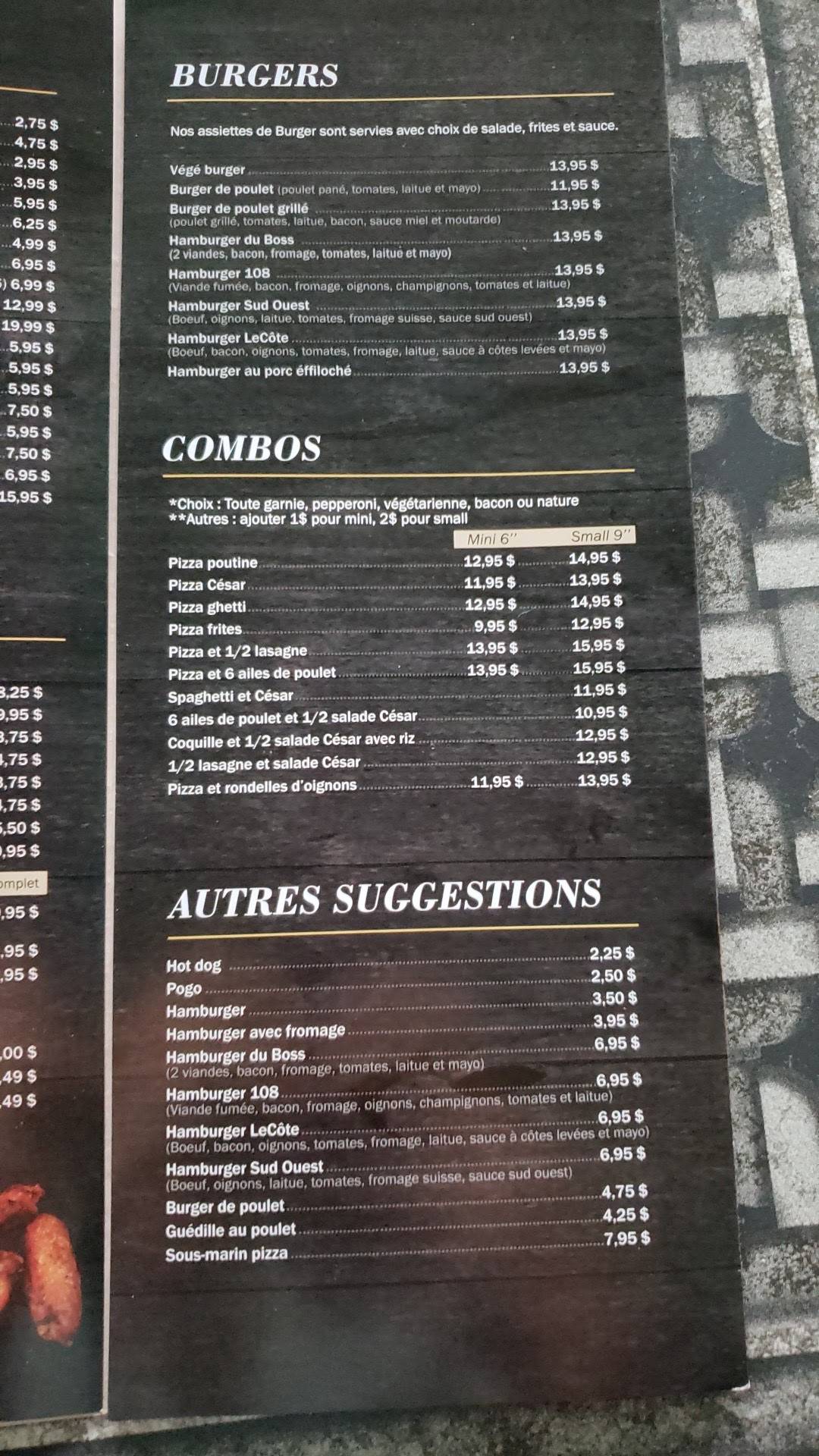 Menu au Resto 108 restaurant, Cookshire-Eaton, 444 Quebec Rte 108