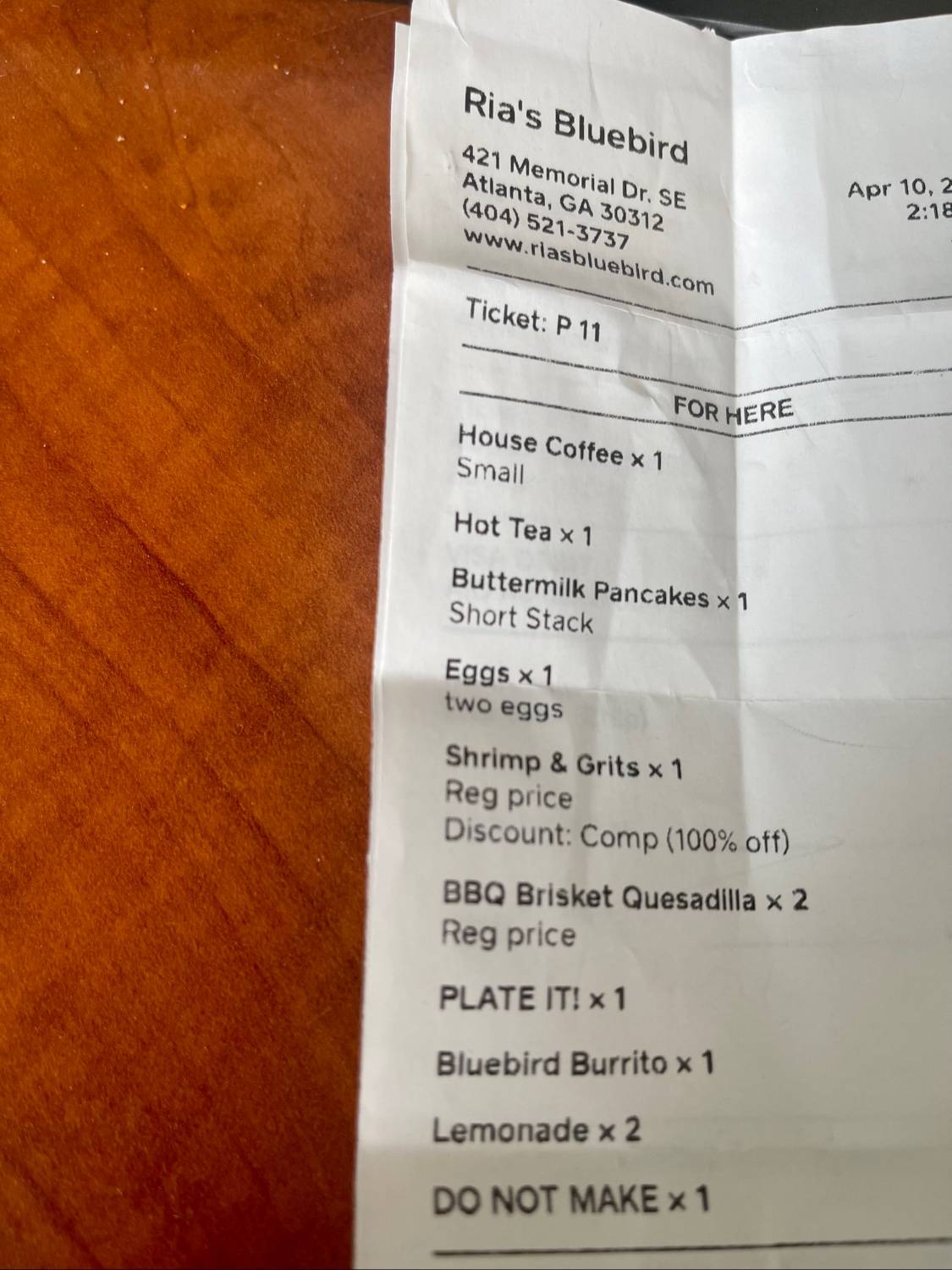 Menu at Ria's Bluebird restaurant, Atlanta