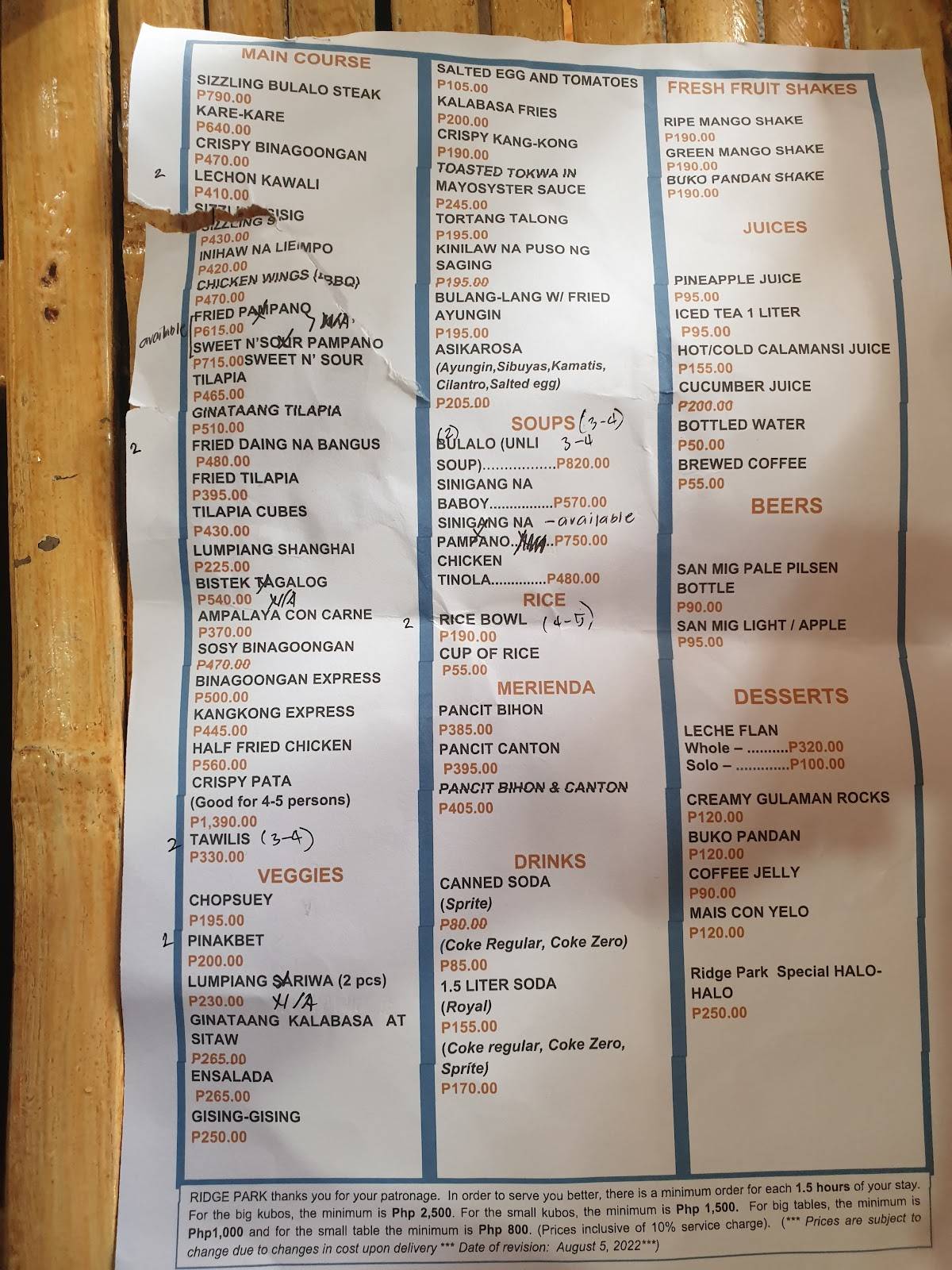 Menu at Ridge Park Kainan sa Kubo restaurant, Tagaytay, 3WXW+X75