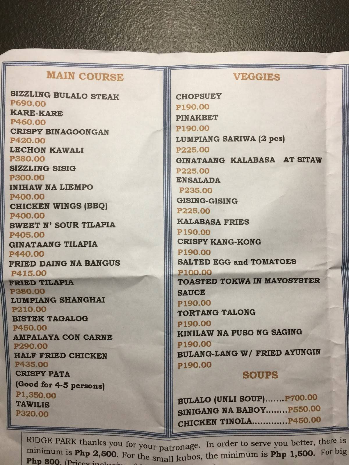 Menu at Ridge Park Kainan sa Kubo restaurant, Tagaytay, 3WXW+X75