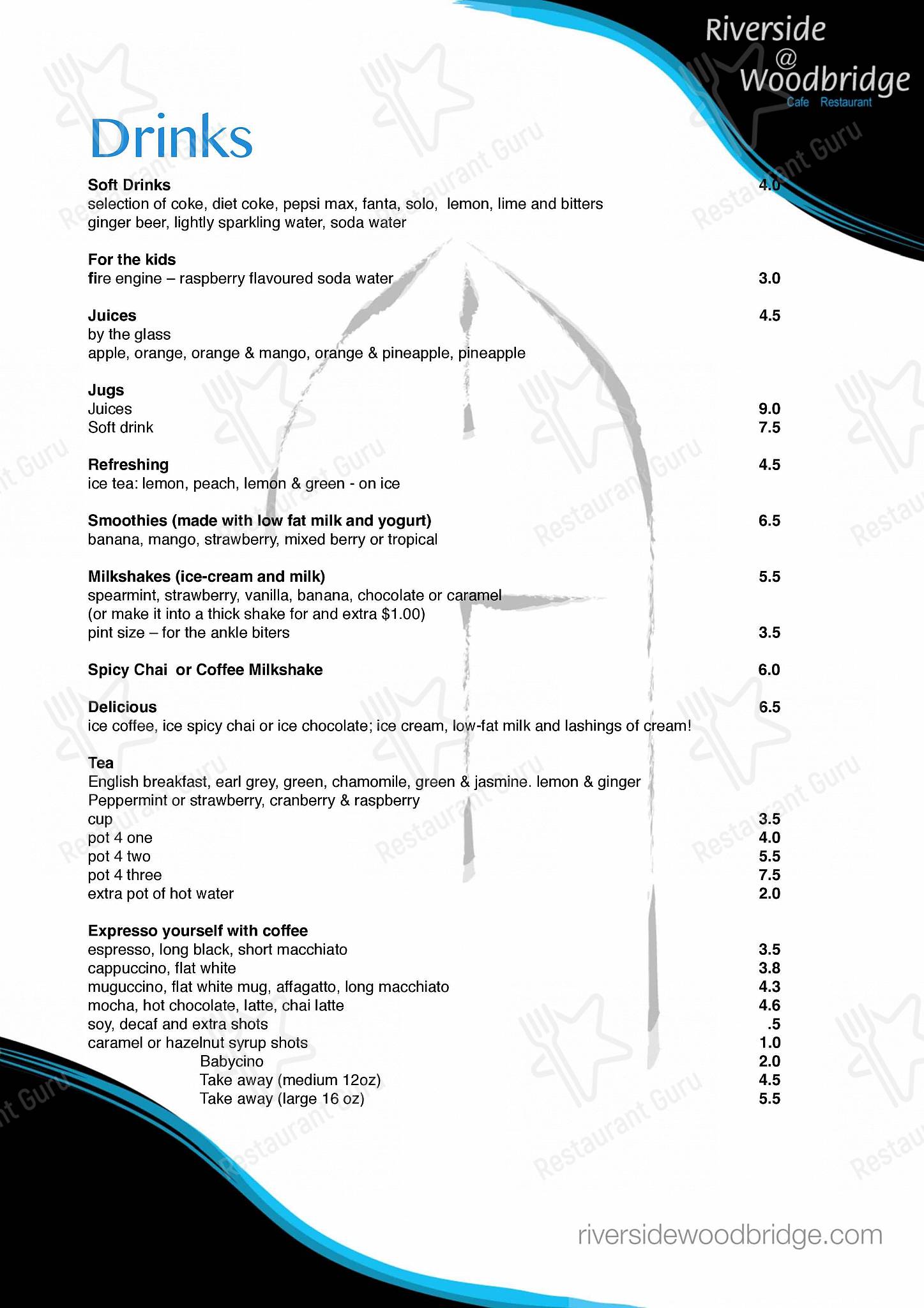 Menu at Riverside at Woodbridge cafe, Woodbridge