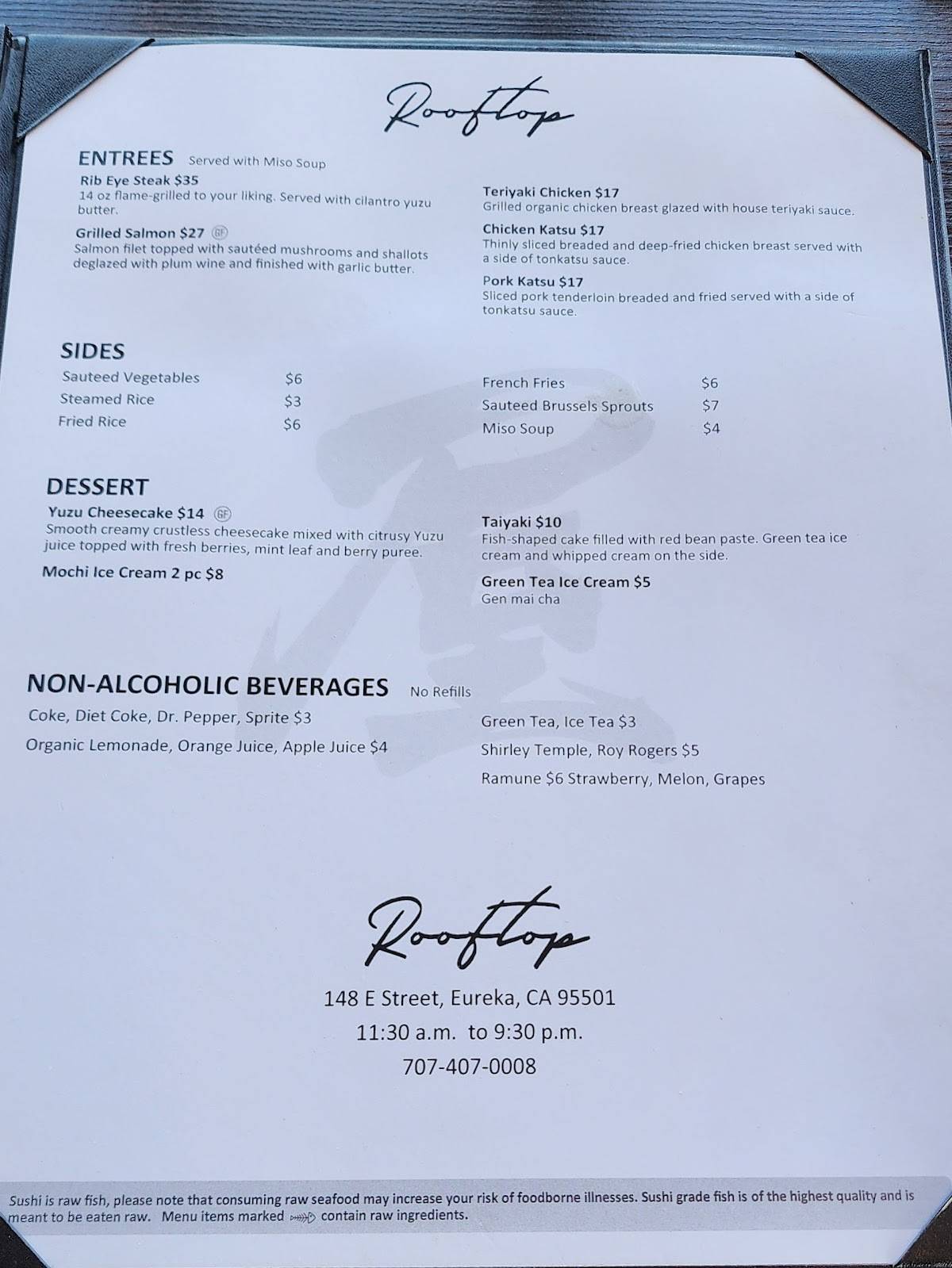Menu at RoofTop restaurant, Eureka