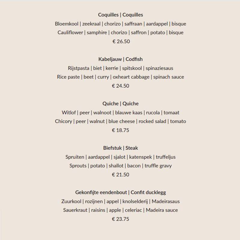 Menu at Restaurant Rubens, Leiden