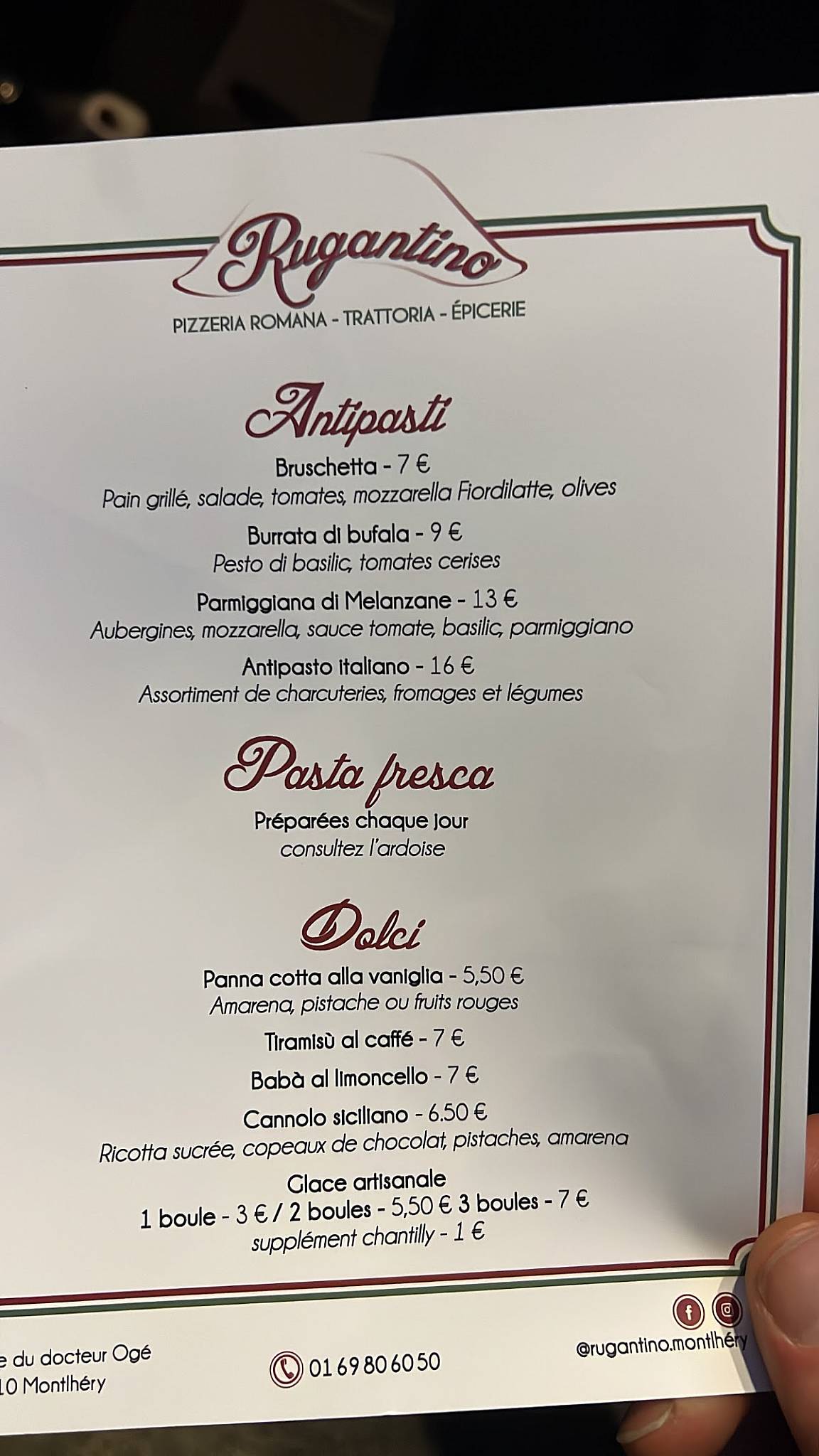 Menu au Rugantino restaurant, Montlhéry