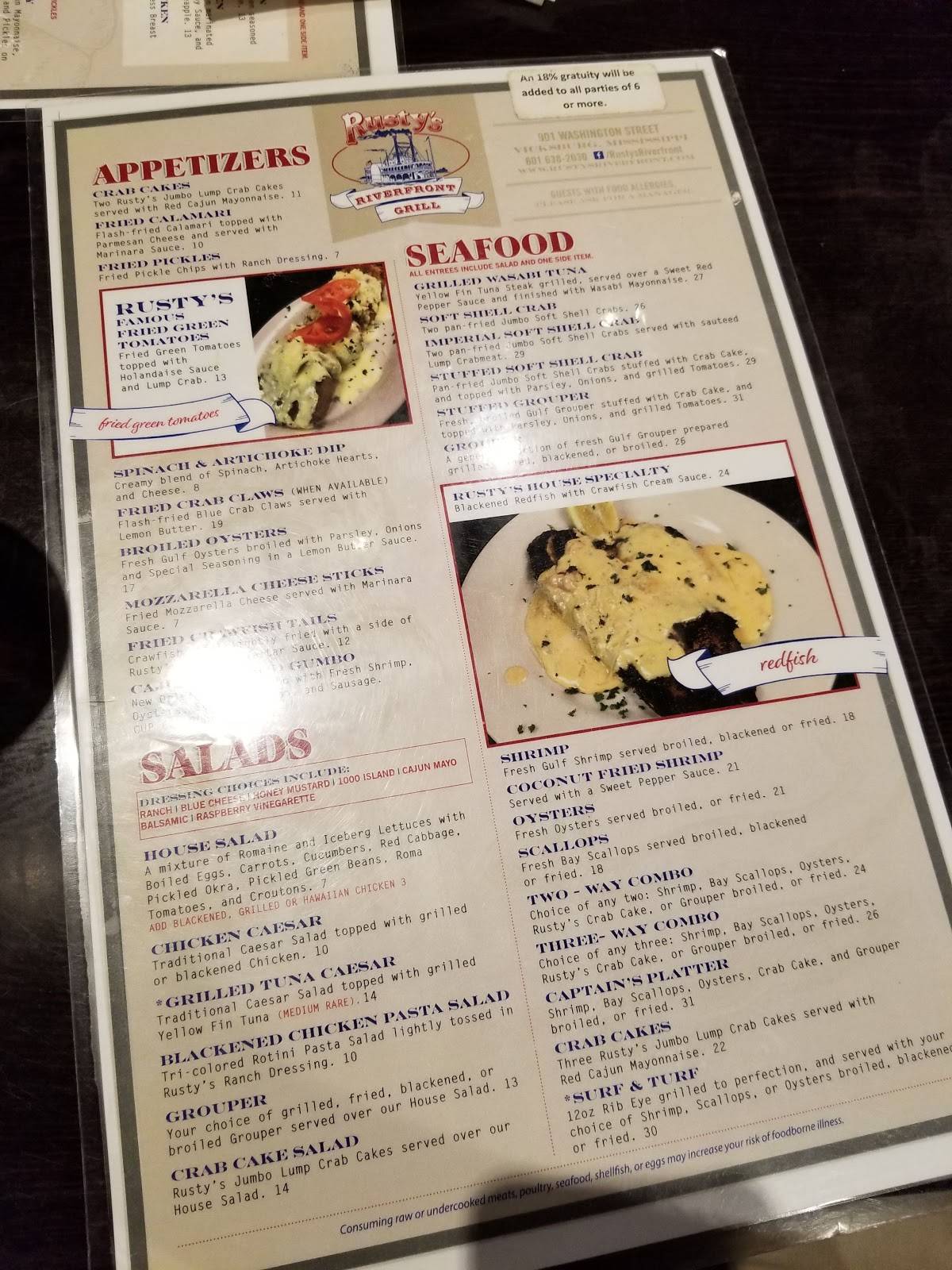 Menu at Rusty's Riverfront Grill restaurant, Vicksburg
