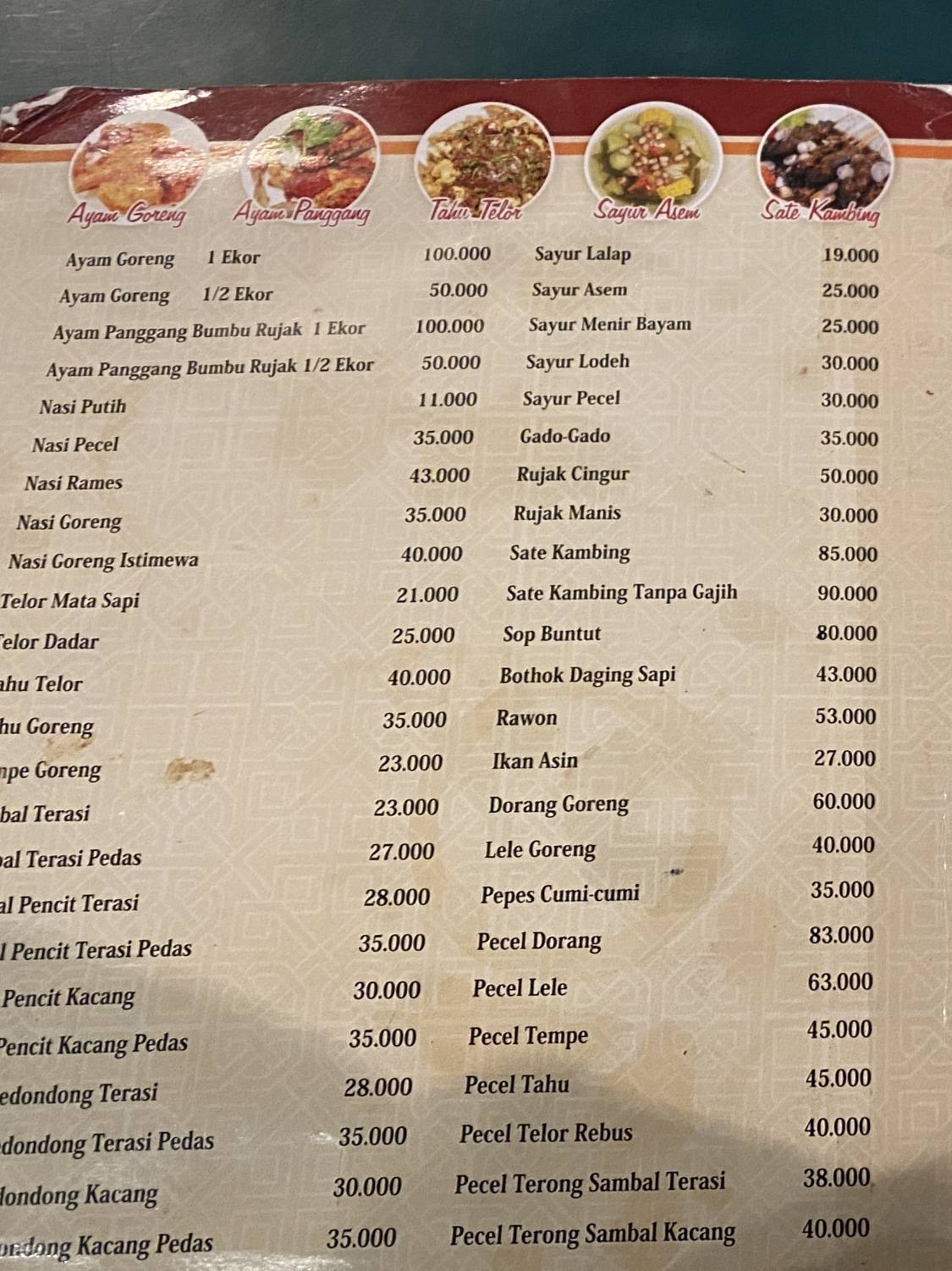 Carta del restaurante SRI Istana Ayam Goreng, Pandaan