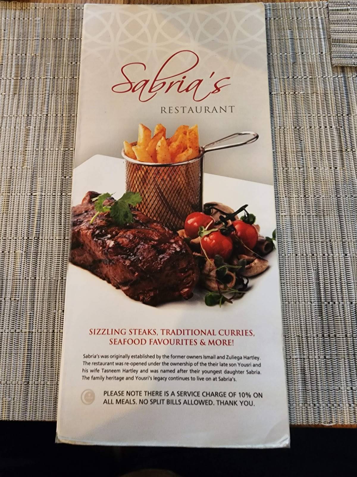 Menu at Sabrias Restaurant, Cape Town