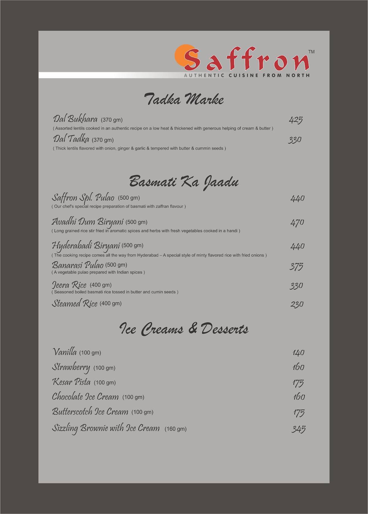 Menu at Saffron Restaurant, Ahmedabad, 1st Floor