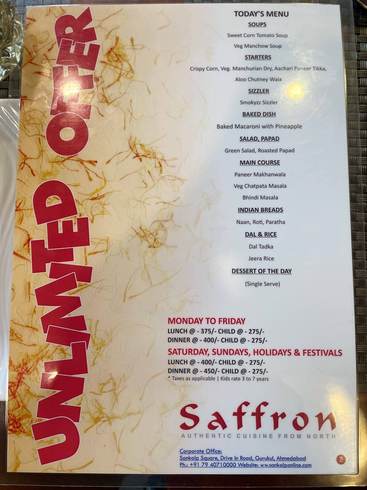 Menu at Saffron Restaurant, Ahmedabad, 1st Floor