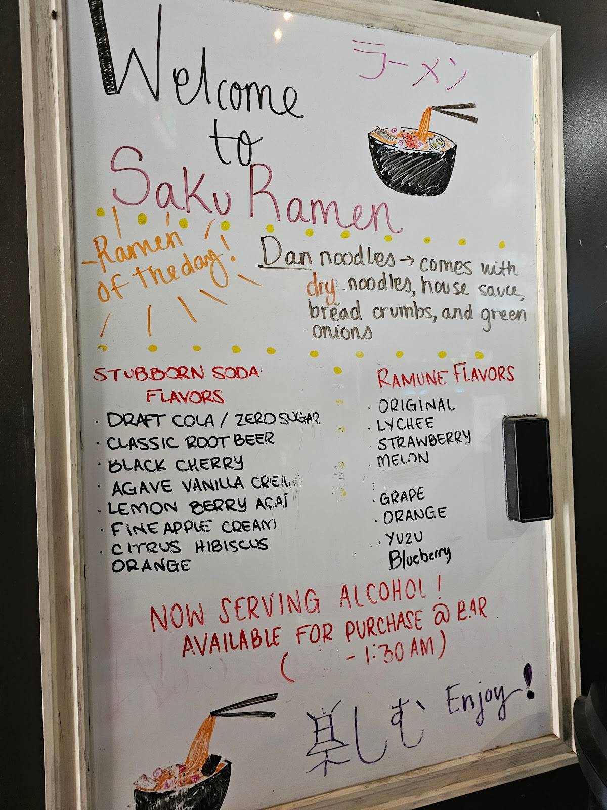 Menu at Saku Ramen restaurant, Riverside