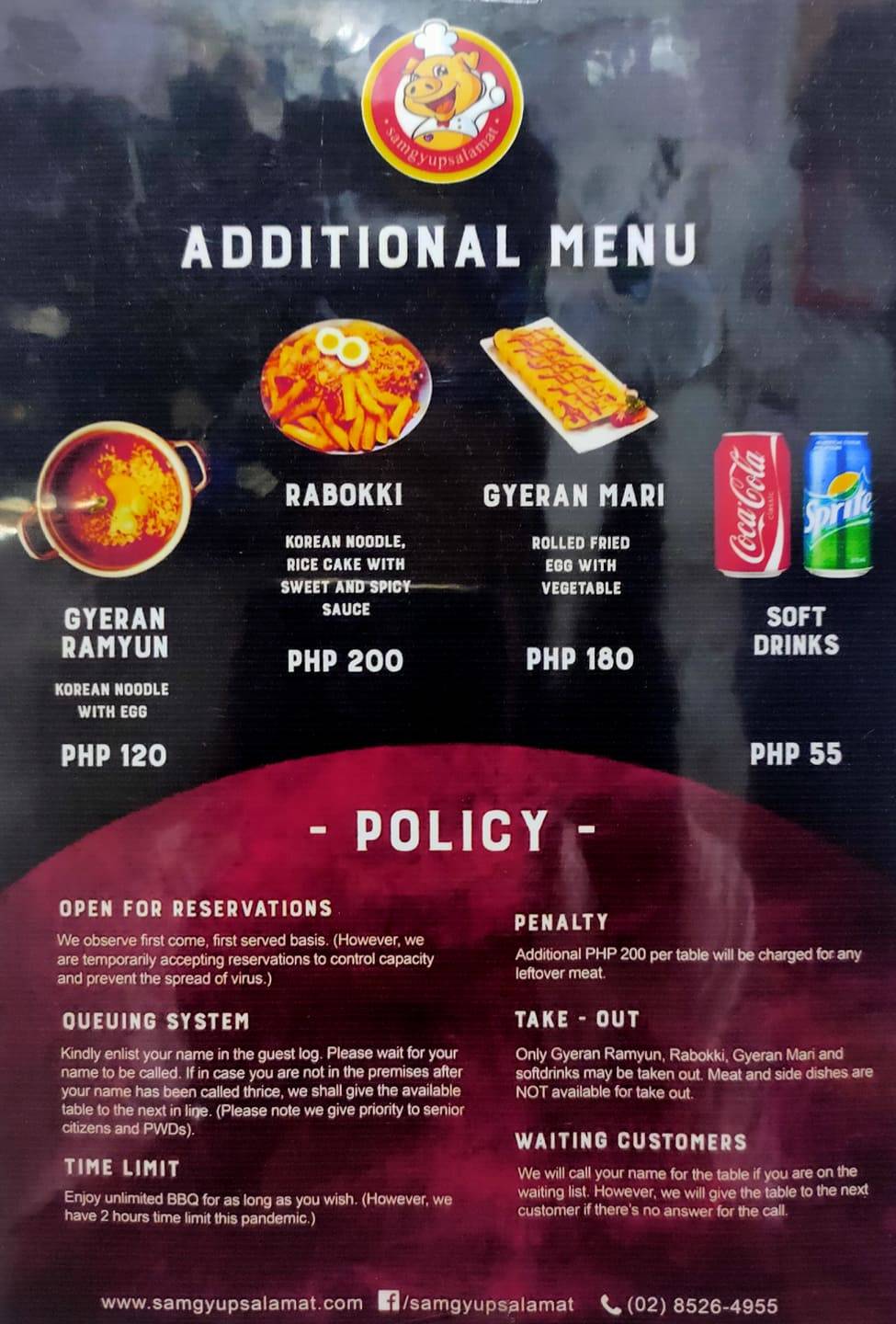 Menu at Samgyupsalamat restaurant, Plaridel
