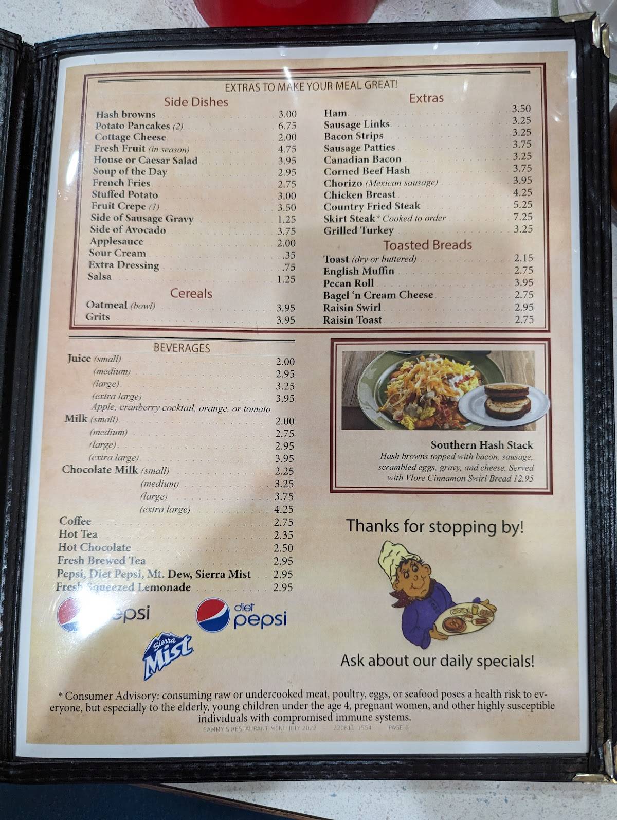 Menu at Sammy's Pancake House restaurant, Champaign