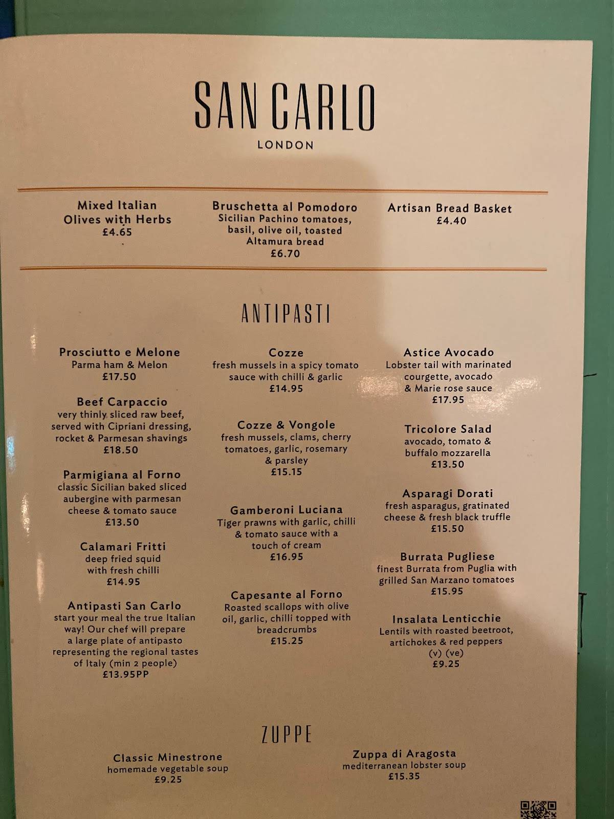Меню ресторана San Carlo - London, Лондон, 2 Regent Street Saint James's