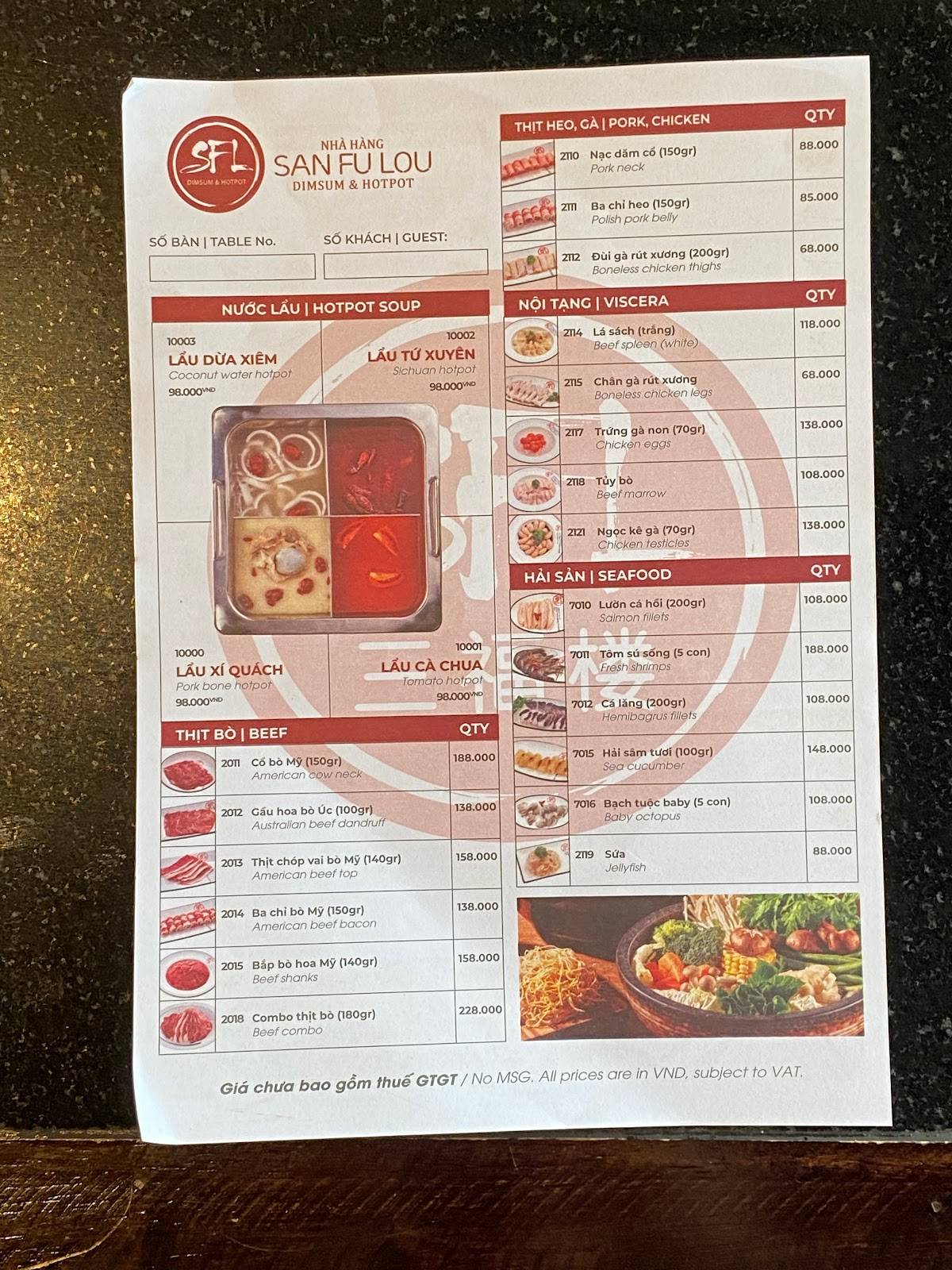 Menu at San Fu Lou Song Hành Dimsum & Hot Pot restaurant, Ho Chi Minh City