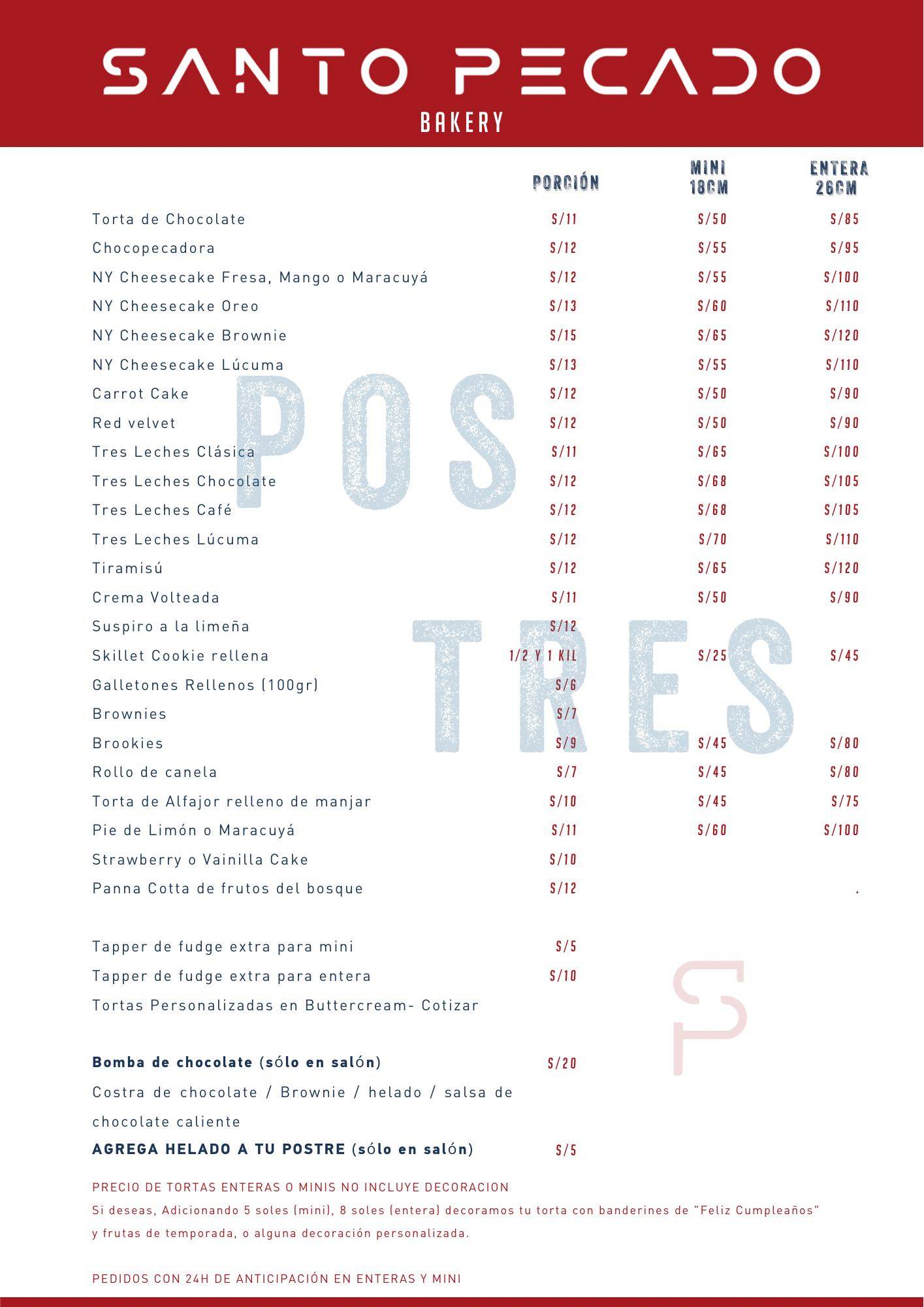 Carta de Santo Pecado Restaurante, Tacna