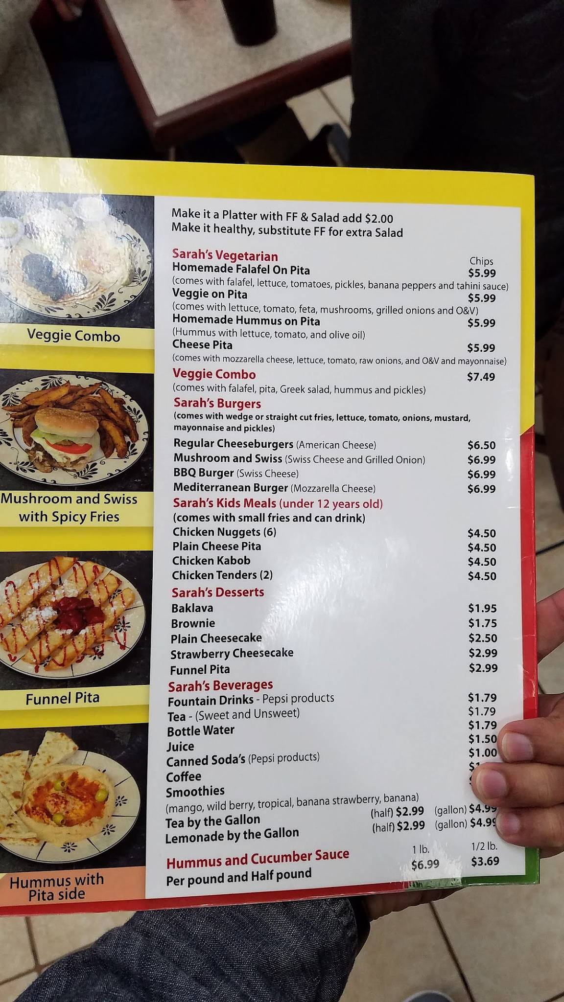 Menu at Sarah's Kabob Shop restaurant, Greensboro, 5553 W Market St