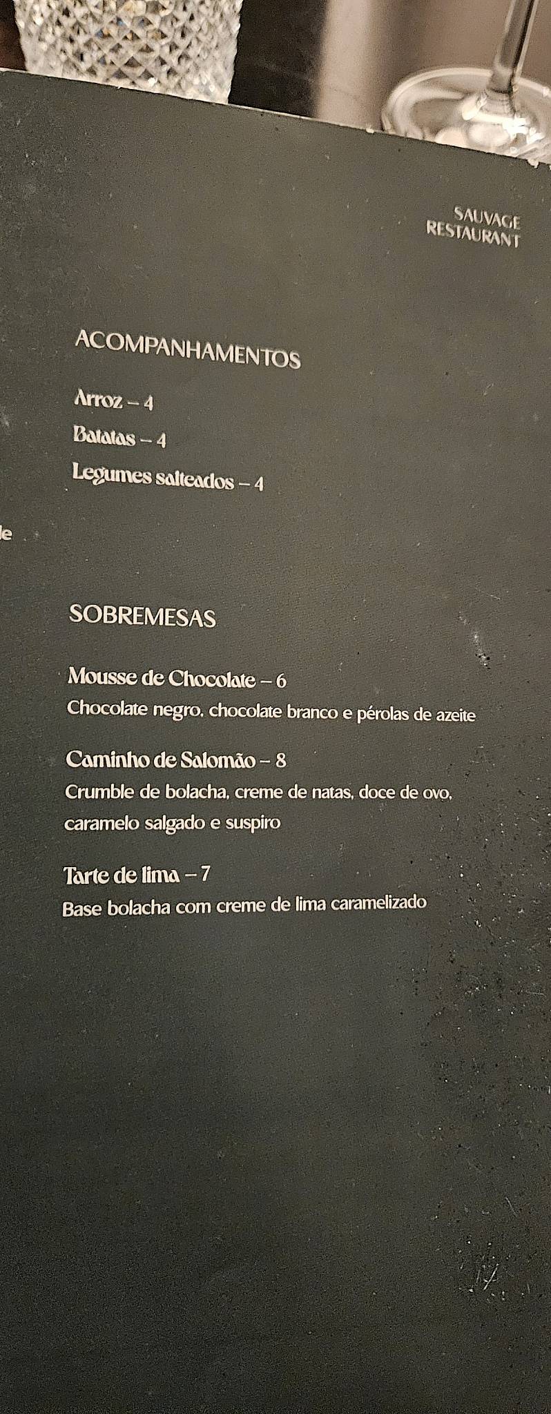 Menu at Sauvage restaurant, Lisbon