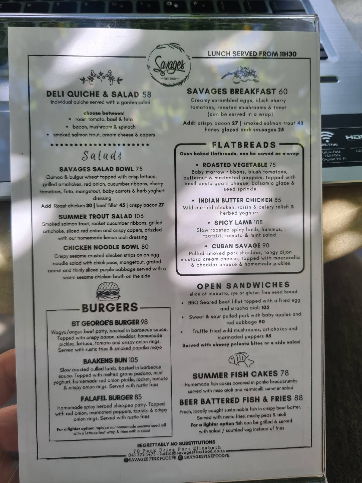 Menu at Savages Fine Food restaurant, Port Elizabeth