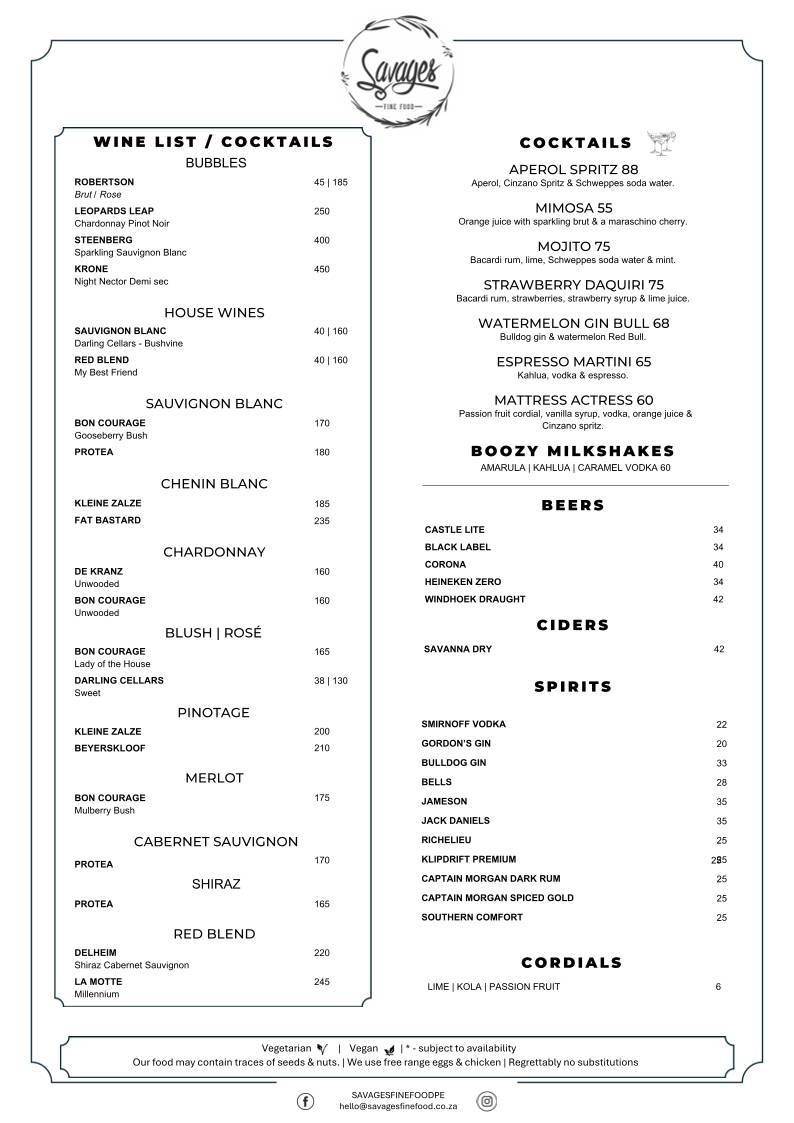 Menu at Savages Fine Food restaurant, Port Elizabeth