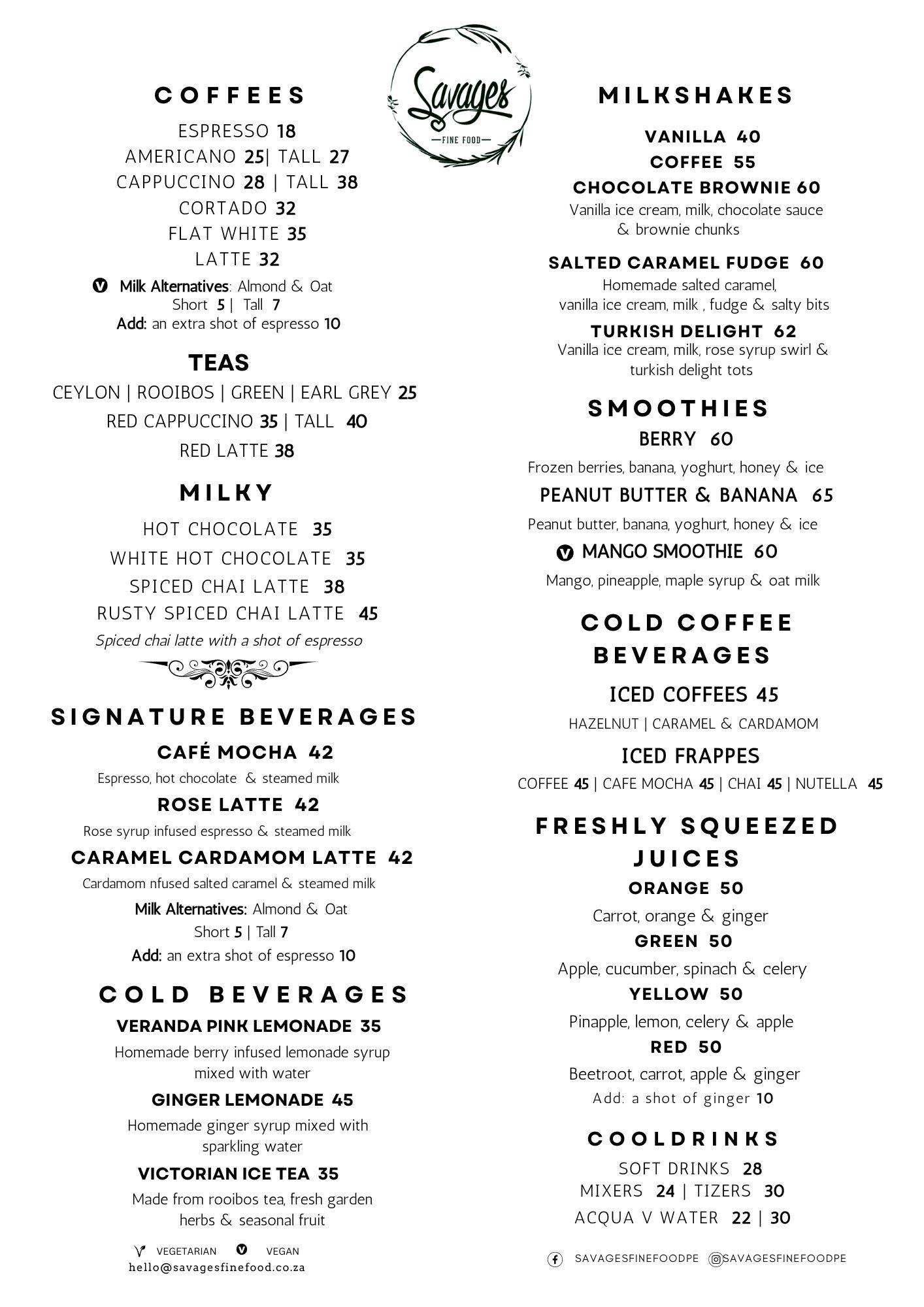 Menu at Savages Fine Food restaurant, Port Elizabeth