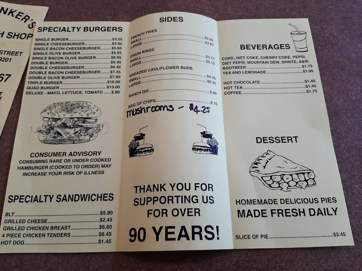 Menu at Schlenker's Sandwich Shop restaurant, Jackson