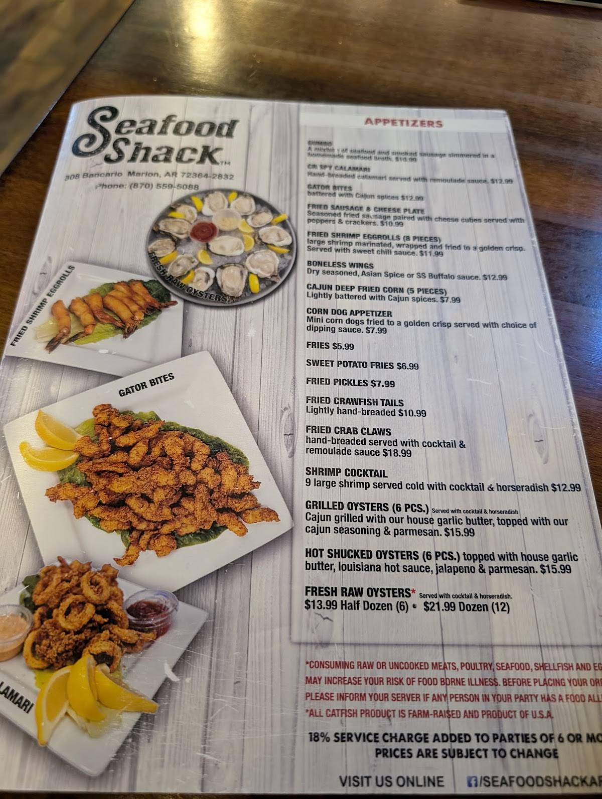 Menu at Seafood Shack restaurant, Marion