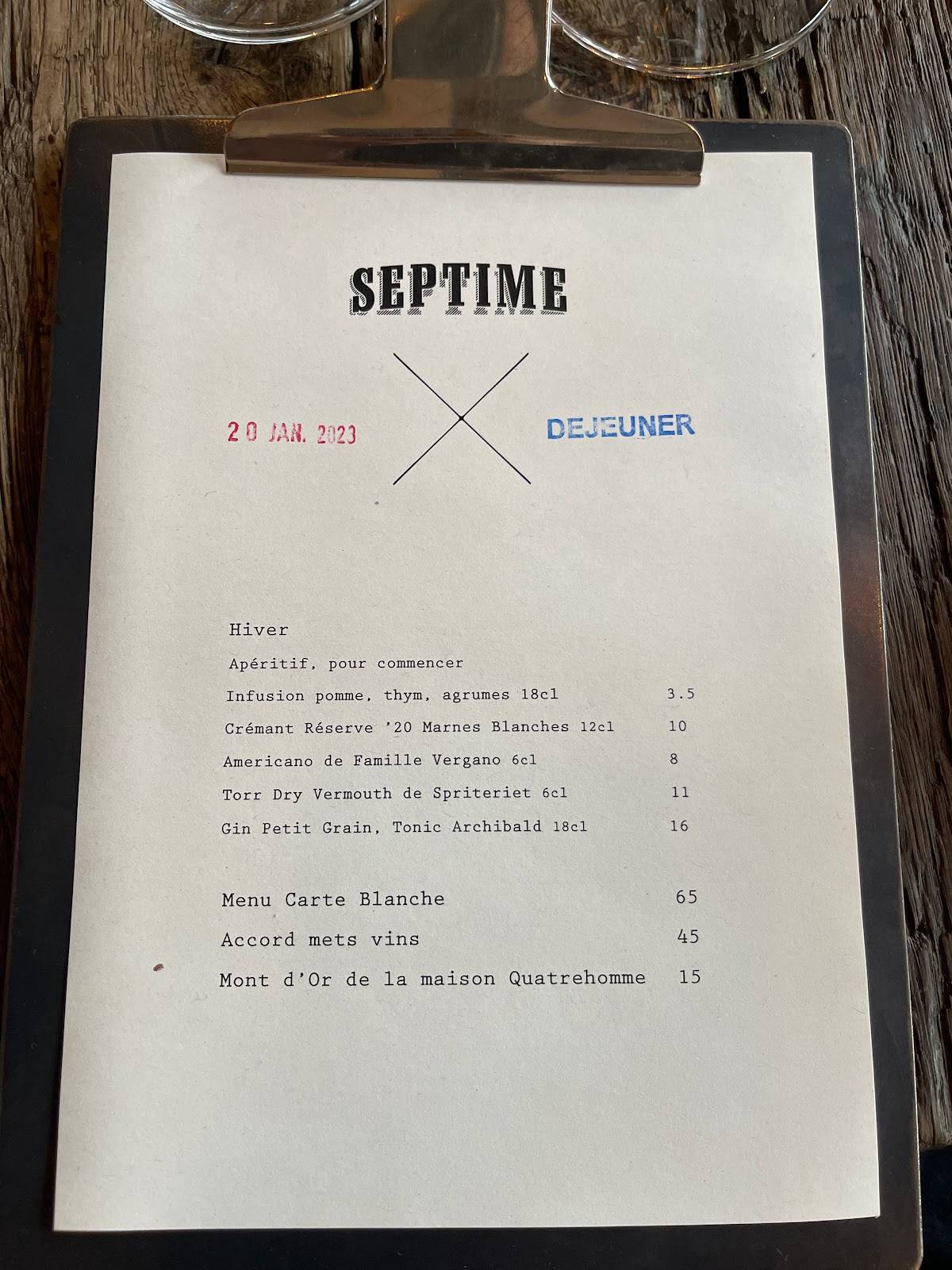 Menu at Septime restaurant, Paris, 80 Rue de Charonne